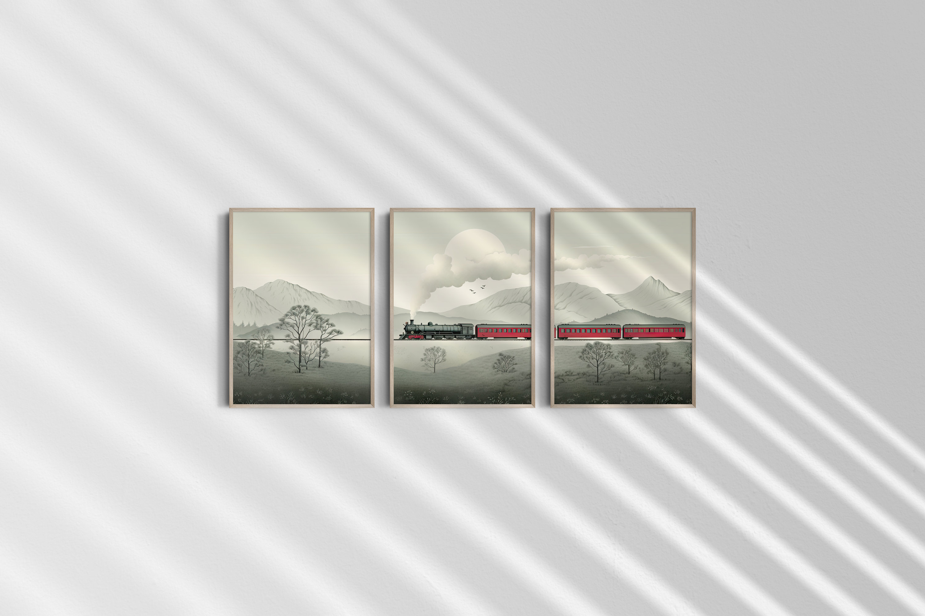 Aesthetic Steam Engine Train in Countryside Landscape, Set of 3 Wall ...