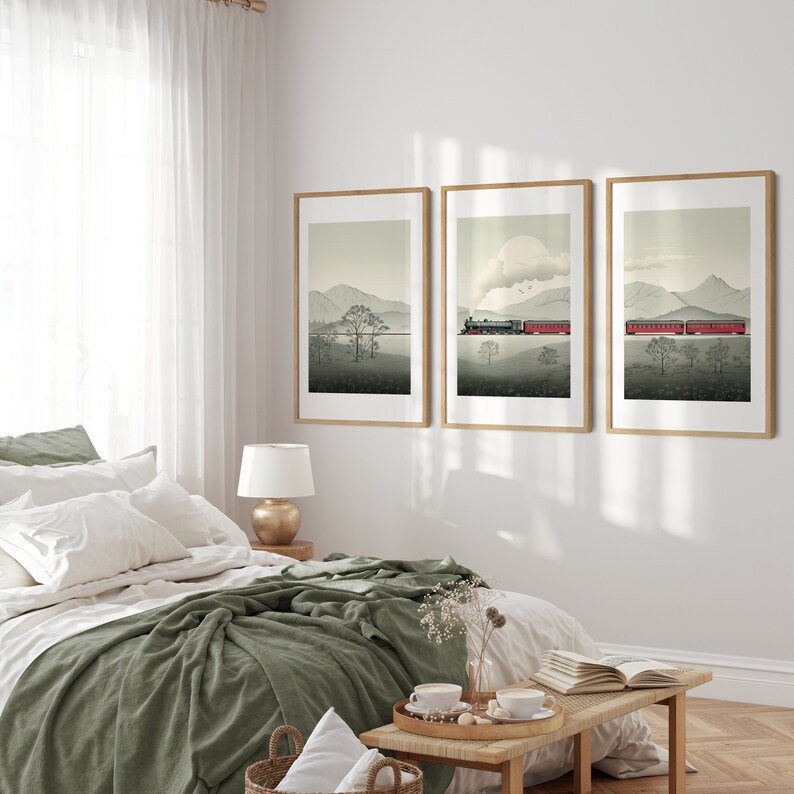 Aesthetic Steam Engine Train in Countryside Landscape, Set of 3 Wall ...