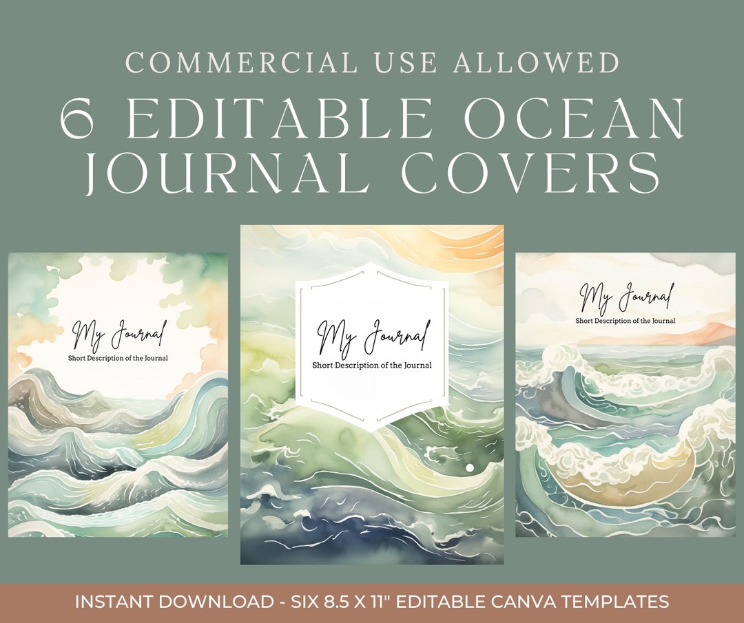6 Editable Ocean Journal Covers, Digital Planner Cover, Notebook Cover ...