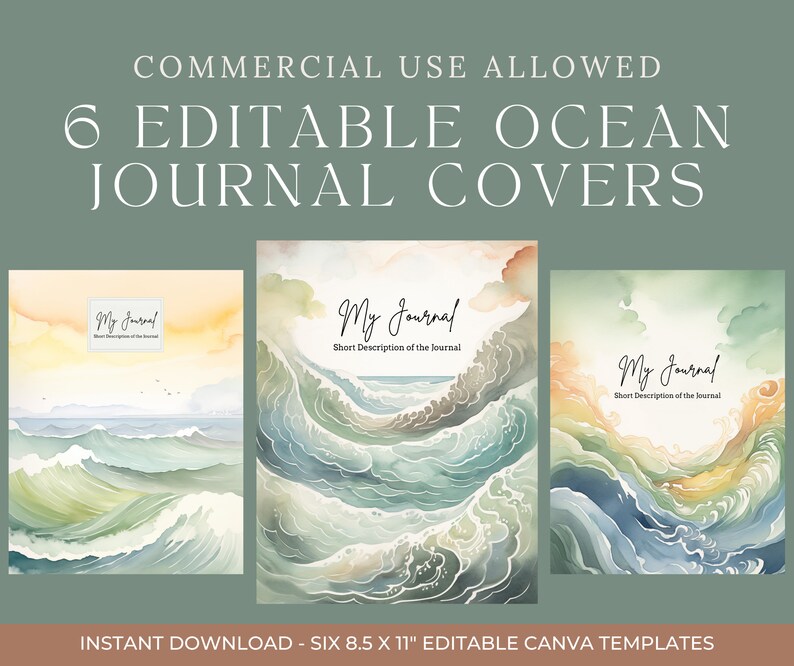 6 Editable Ocean Journal Covers, Digital Planner Cover, Notebook Cover ...