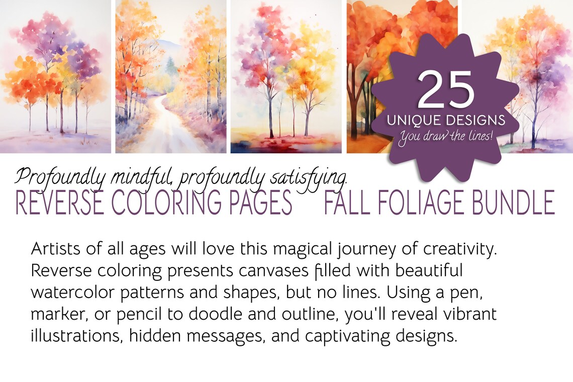 Reverse Coloring Pages - Fall Foliage Bundle - 25 Unique Watercolor ...
