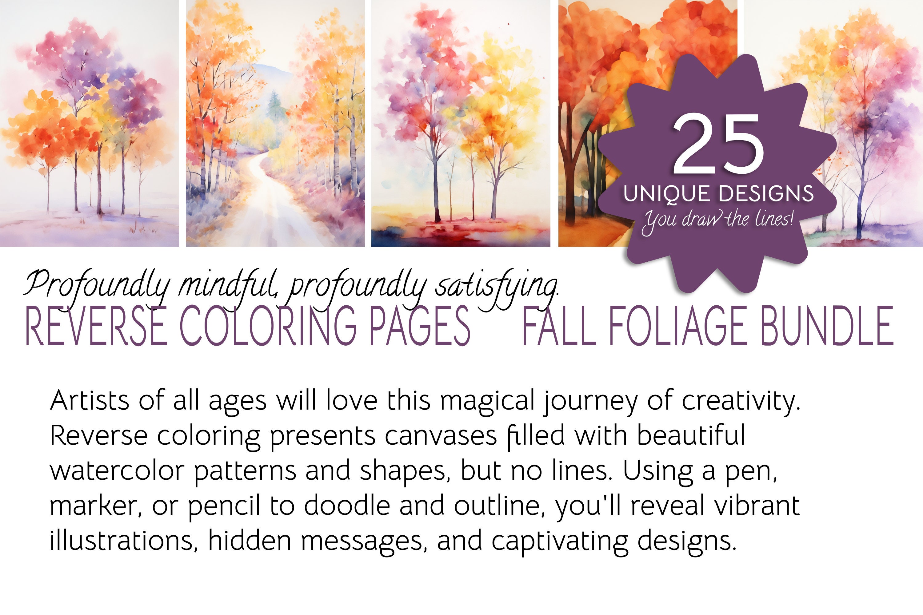 Reverse Coloring Pages - Fall Foliage Bundle - 25 Unique Watercolor ...