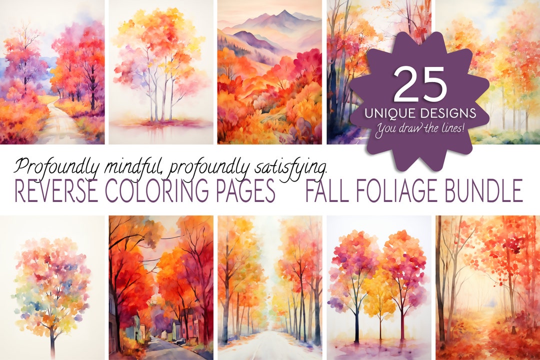 Reverse Coloring Pages - Fall Foliage Bundle - 25 Unique Watercolor ...