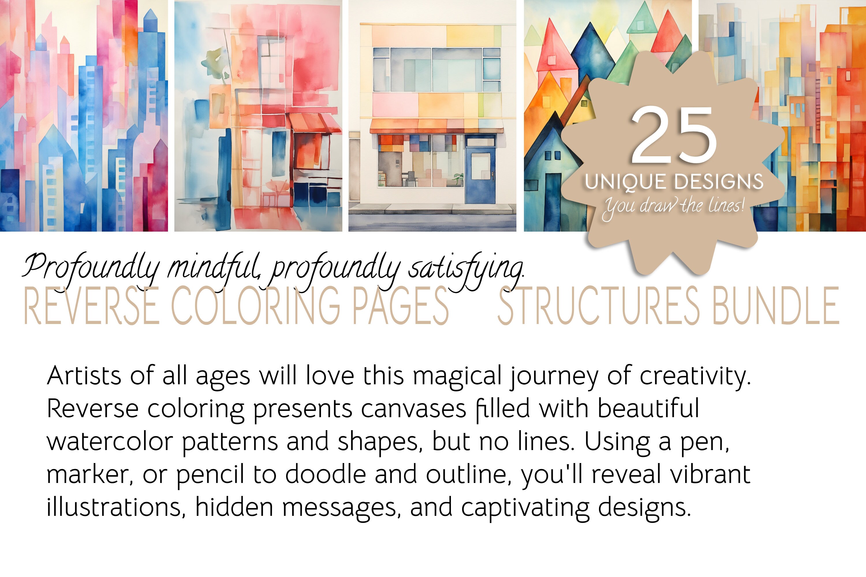 Reverse Coloring Pages - Structures Bundle - 25 Unique Watercolor ...