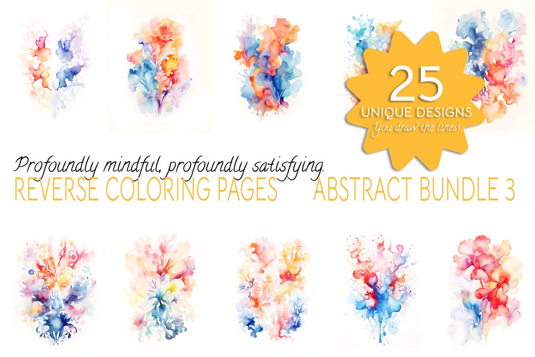 Reverse Coloring Pages - Abstract Bundle 3 - 25 Unique Watercolor ...