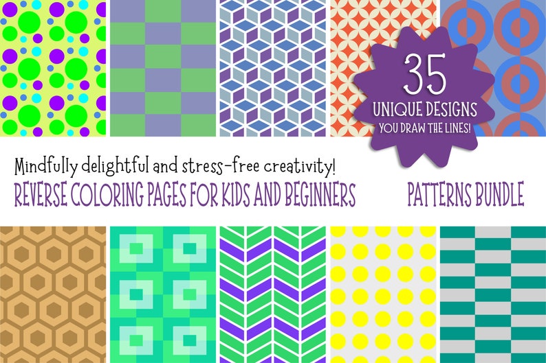 Reverse Coloring Pages for Kids - Patterns Bundle - 25 Simple Graphics ...