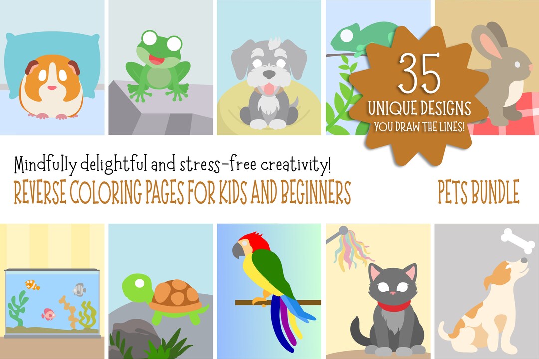Reverse Coloring Pages for Kids - Pets Bundle - 25 Simple Animal ...