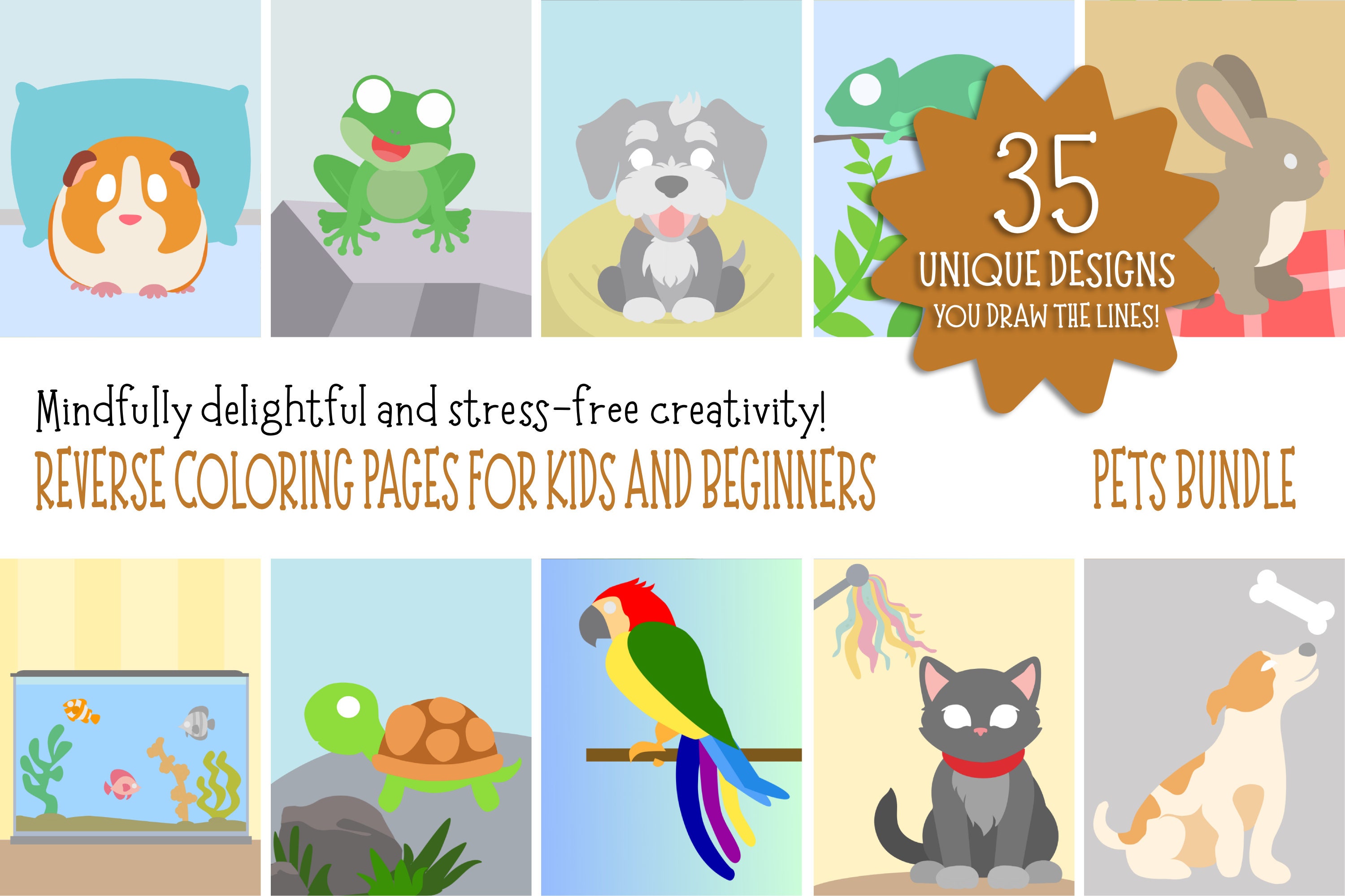 Reverse Coloring Pages for Kids - Pets Bundle - 25 Simple Animal ...