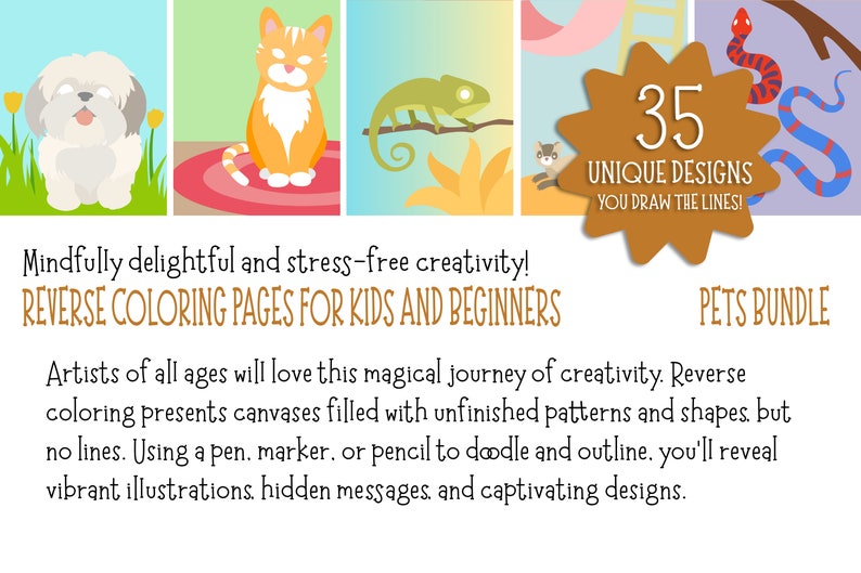Reverse Coloring Pages for Kids Pets Bundle 25 Simple Animal Graphics ...