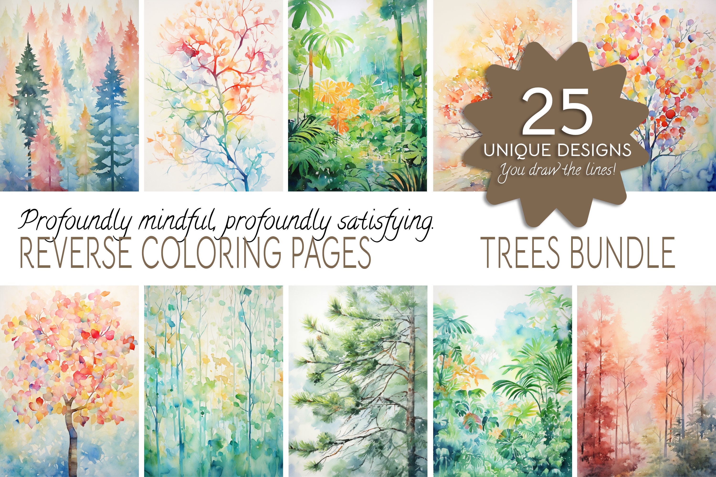 Reverse Coloring Pages - Trees Bundle - 25 Unique Watercolor Trees and ...