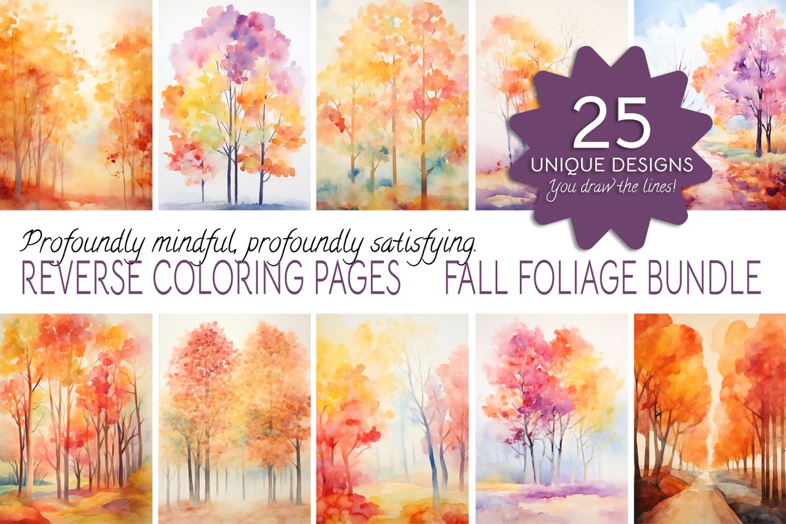 Reverse Coloring Pages - Fall Foliage Bundle - 25 Unique Watercolor ...