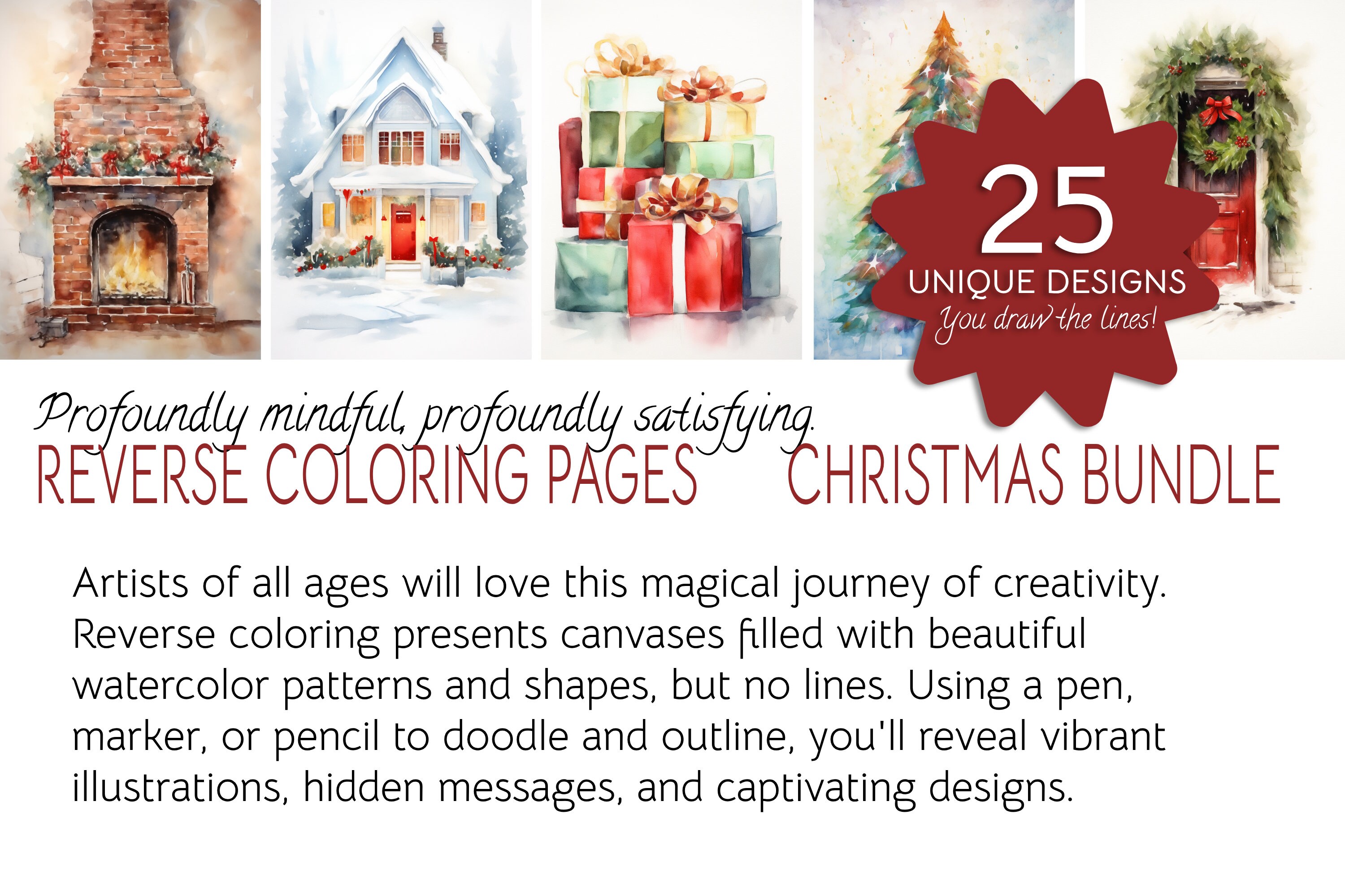 Reverse Coloring Pages - Christmas Bundle - 25 Unique Watercolor ...
