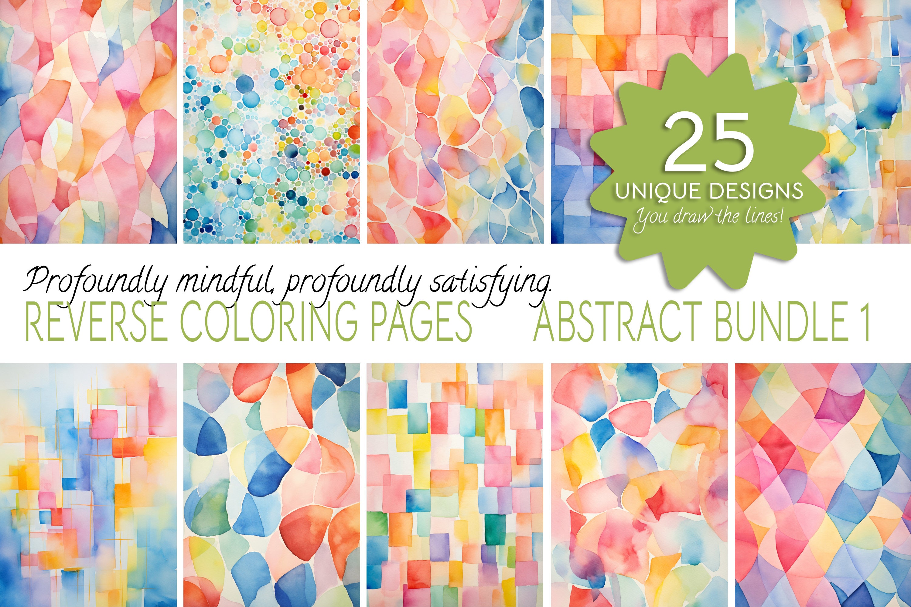 Reverse Coloring Pages - Abstract Bundle 1 - 25 Unique Watercolor ...