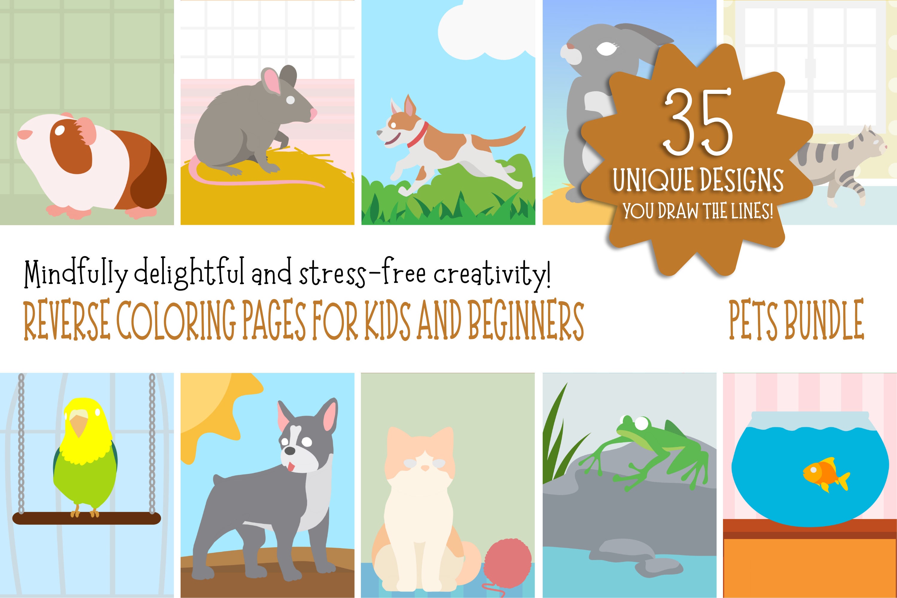 Reverse Coloring Pages for Kids - Pets Bundle - 25 Simple Animal ...