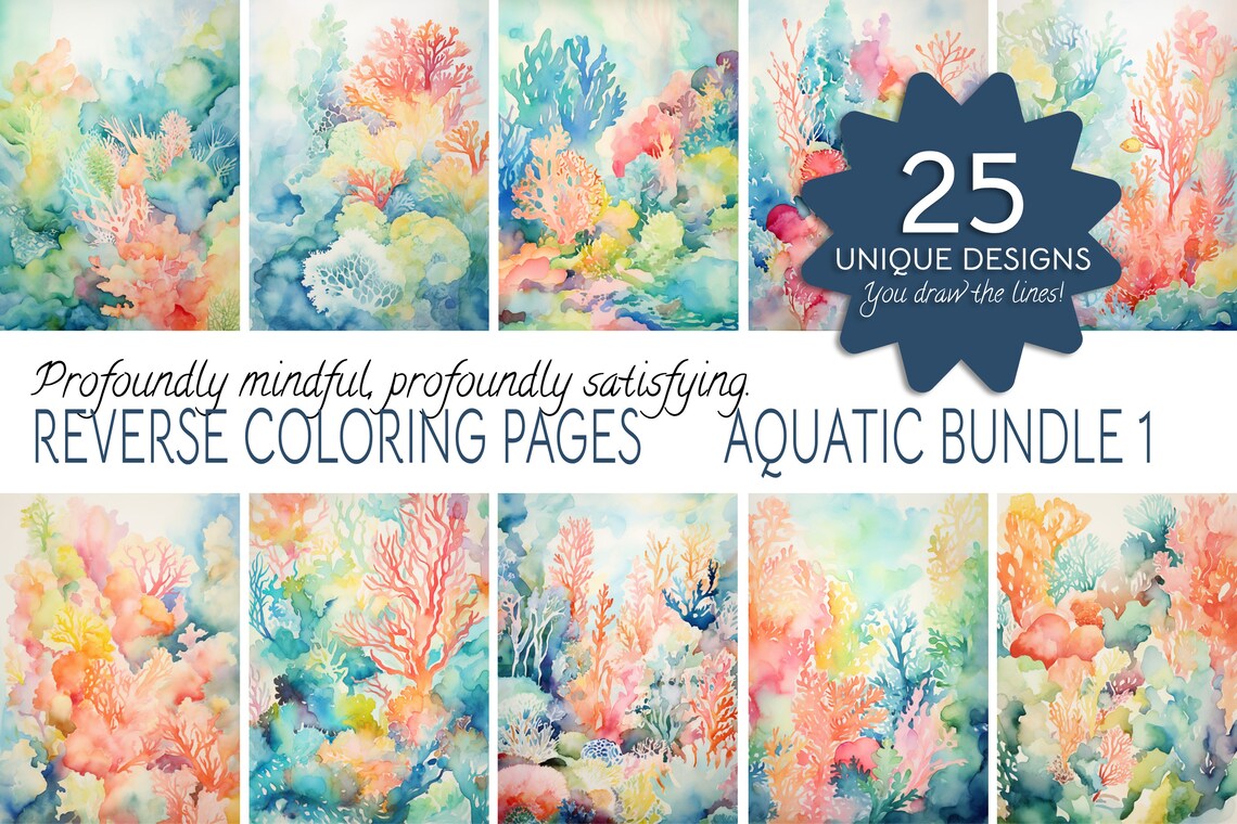 Reverse Coloring Pages - Aquatic Bundle 1 - 25 Unique Watercolor ...