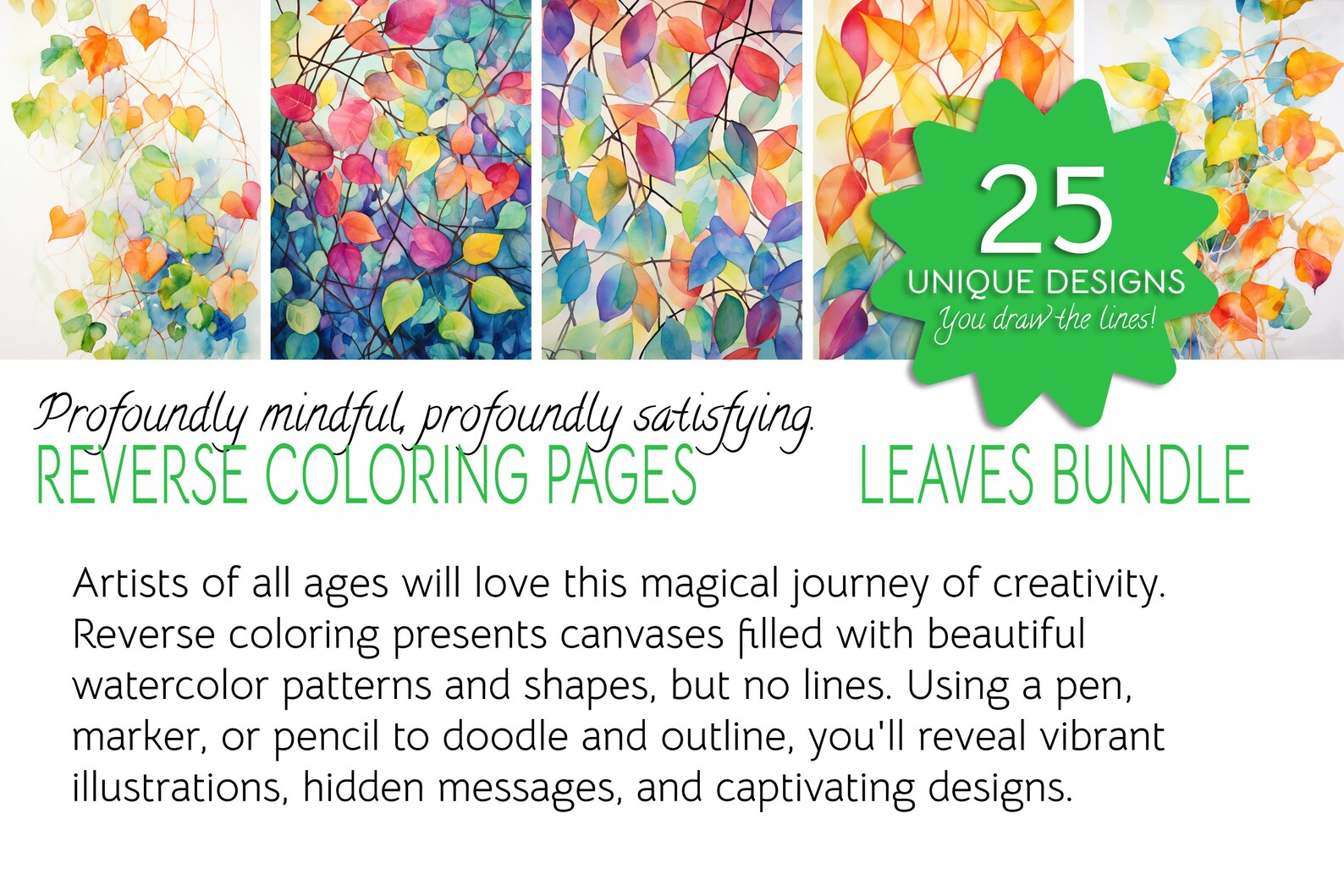 Reverse Coloring Pages - Leaves Bundle - 25 Unique Watercolor Leaf and ...