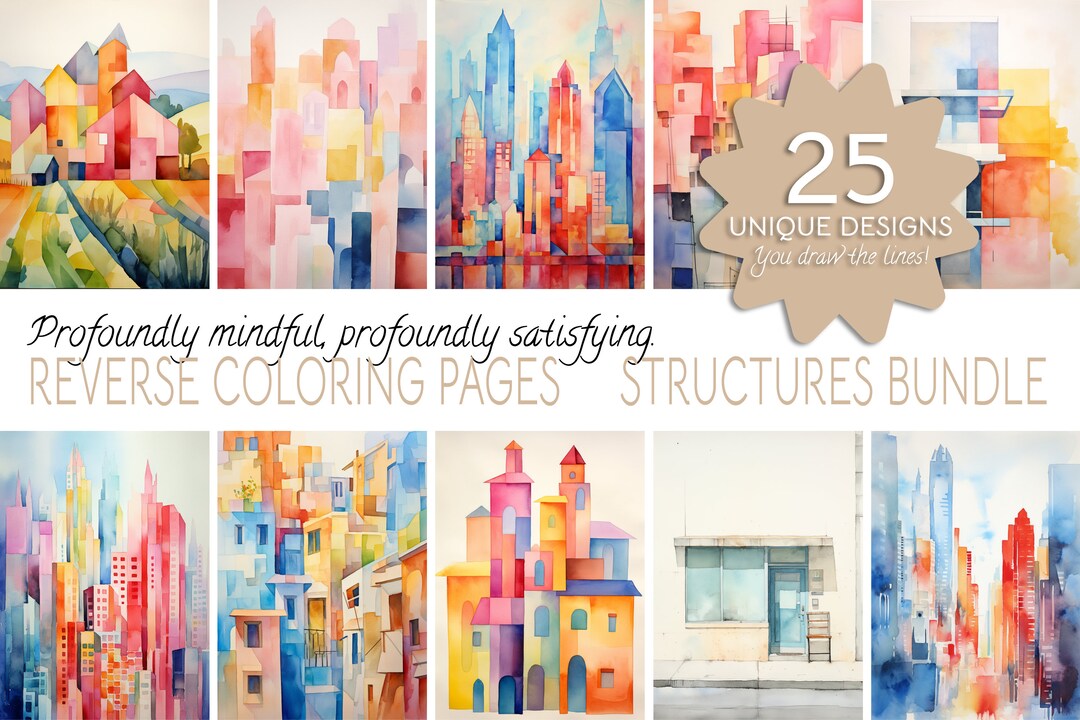 Reverse Coloring Pages - Structures Bundle - 25 Unique Watercolor ...