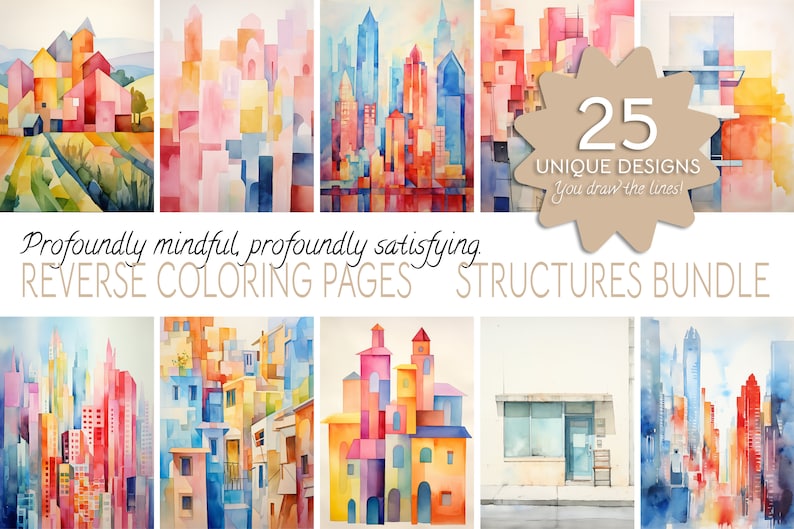 Reverse Coloring Pages - Structures Bundle - 25 Unique Watercolor ...