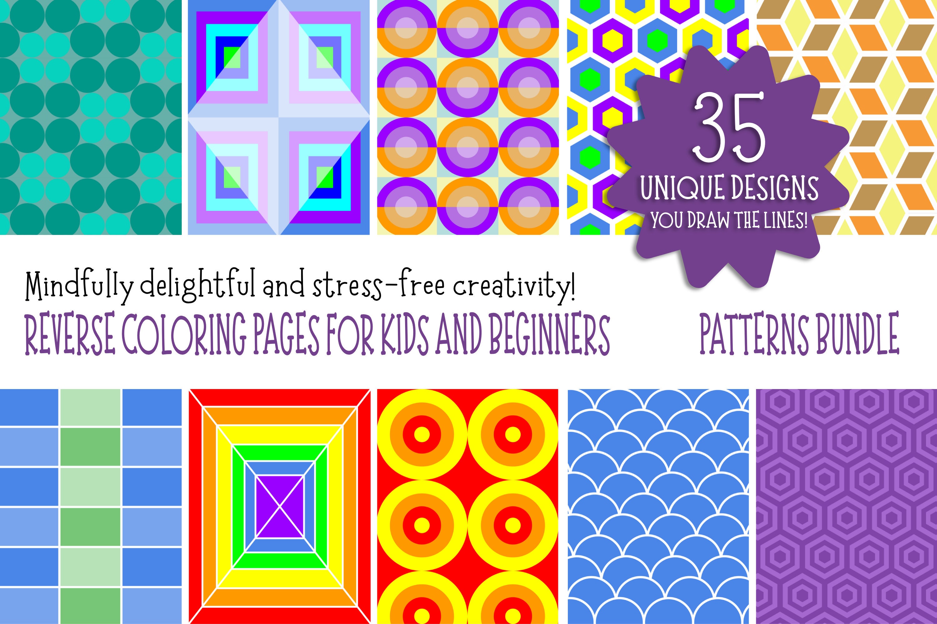 Reverse Coloring Pages for Kids - Patterns Bundle - 25 Simple Graphics ...