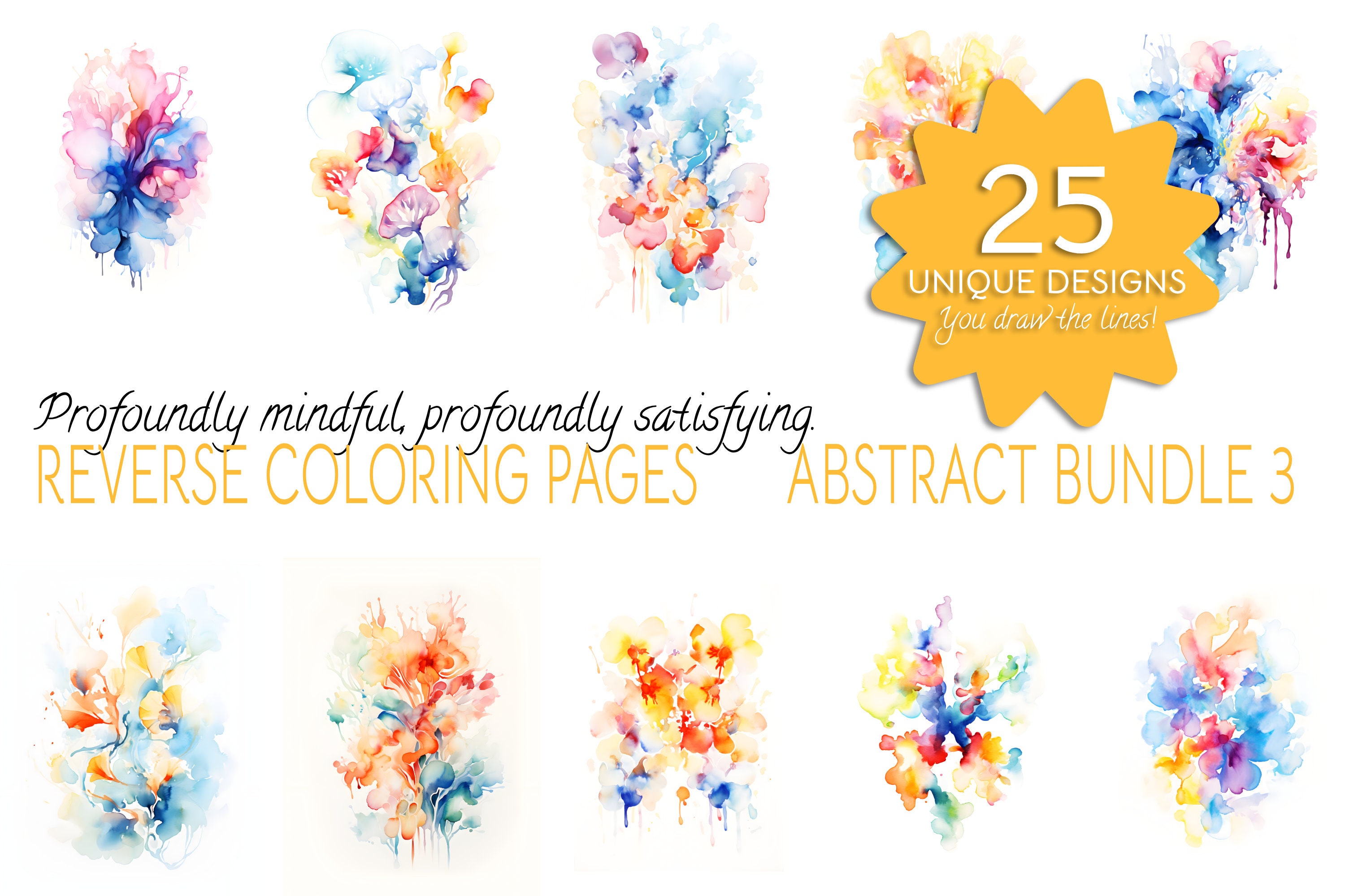 Reverse Coloring Pages - Abstract Bundle 3 - 25 Unique Watercolor ...