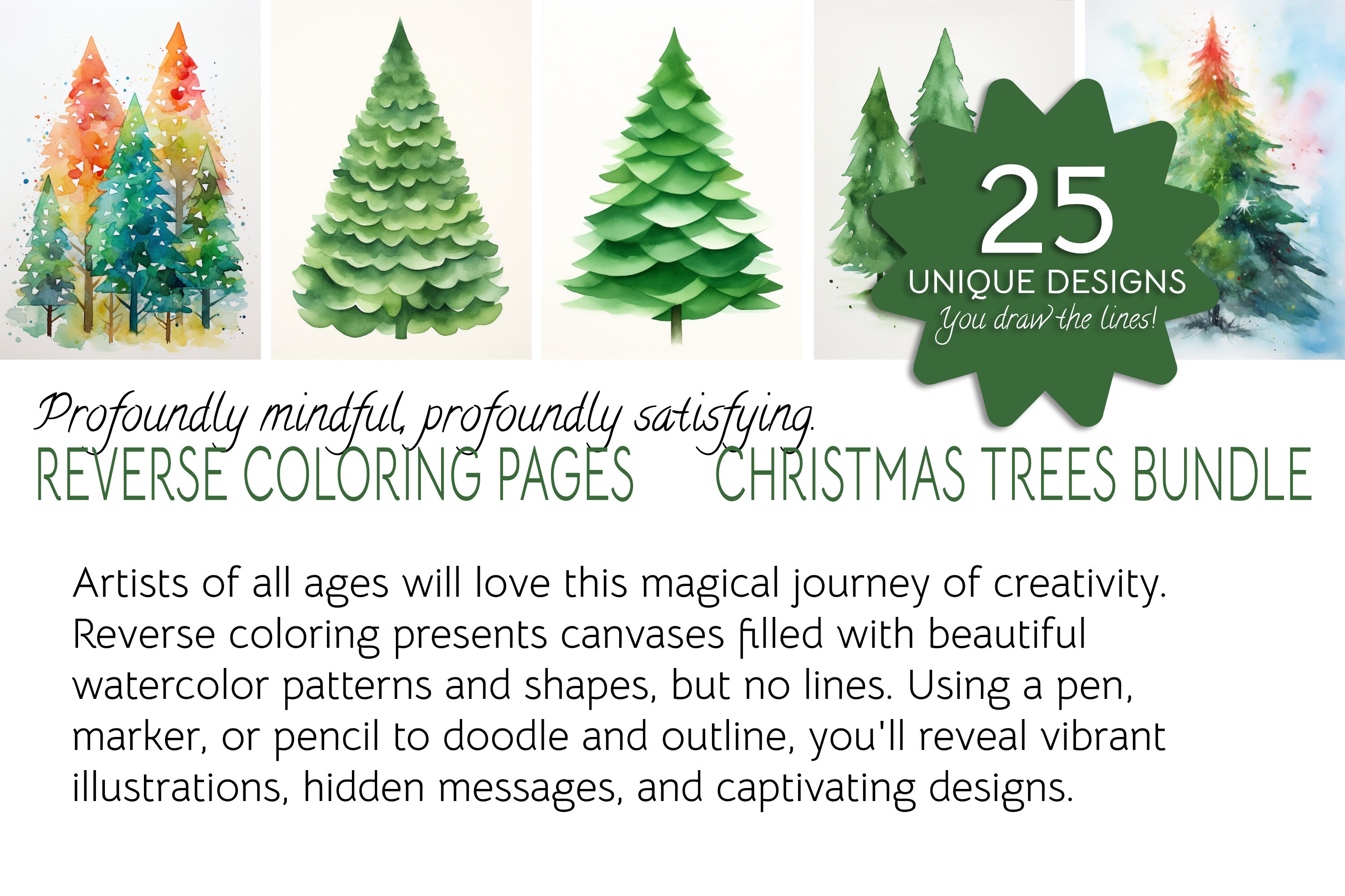 Reverse Coloring Pages - Christmas Tree Bundle - 25 Unique Watercolor ...