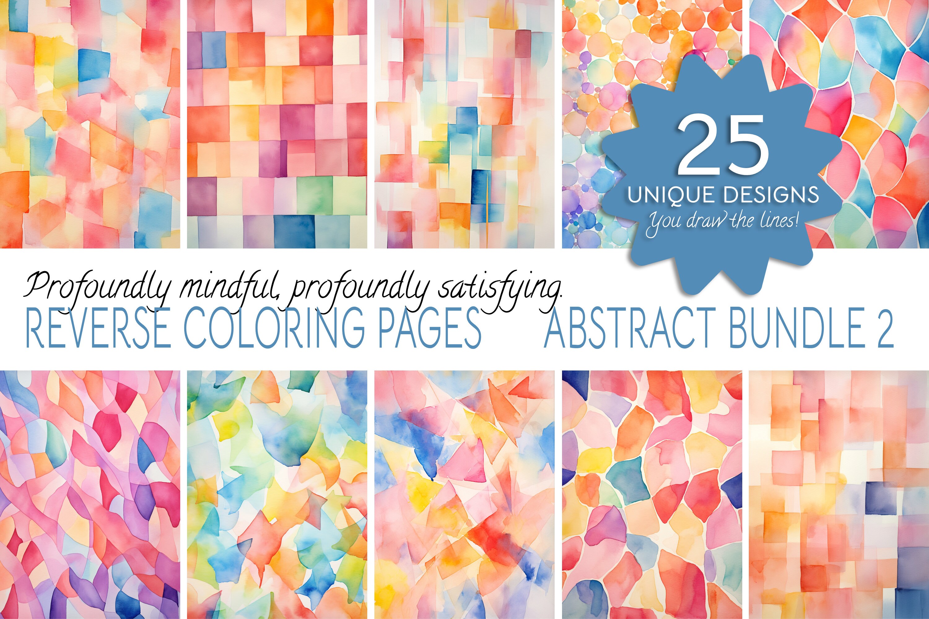 Reverse Coloring Pages - Abstract Bundle 2 - 25 Unique Watercolor ...