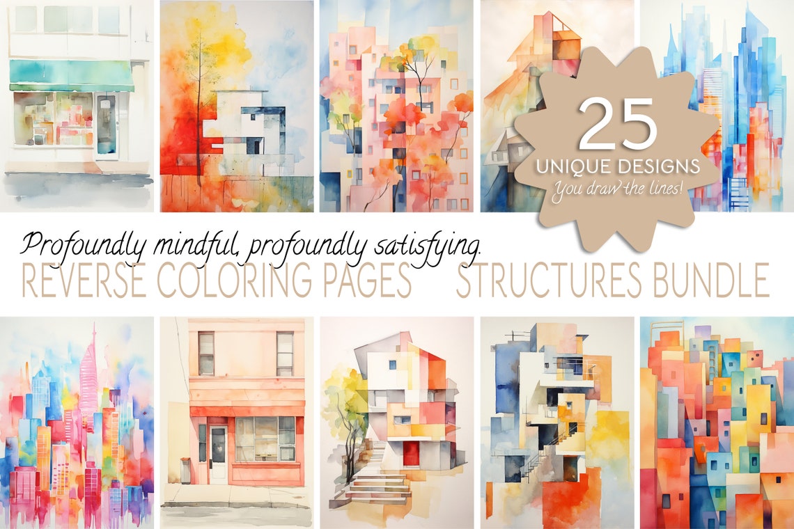 Reverse Coloring Pages - Structures Bundle - 25 Unique Watercolor ...