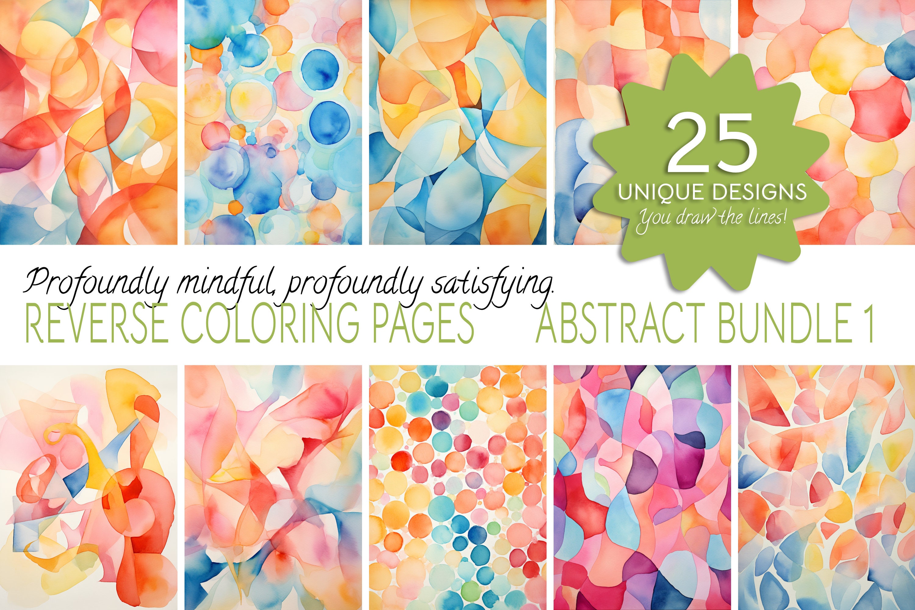 Reverse Coloring Pages - Abstract Bundle 1 - 25 Unique Watercolor ...