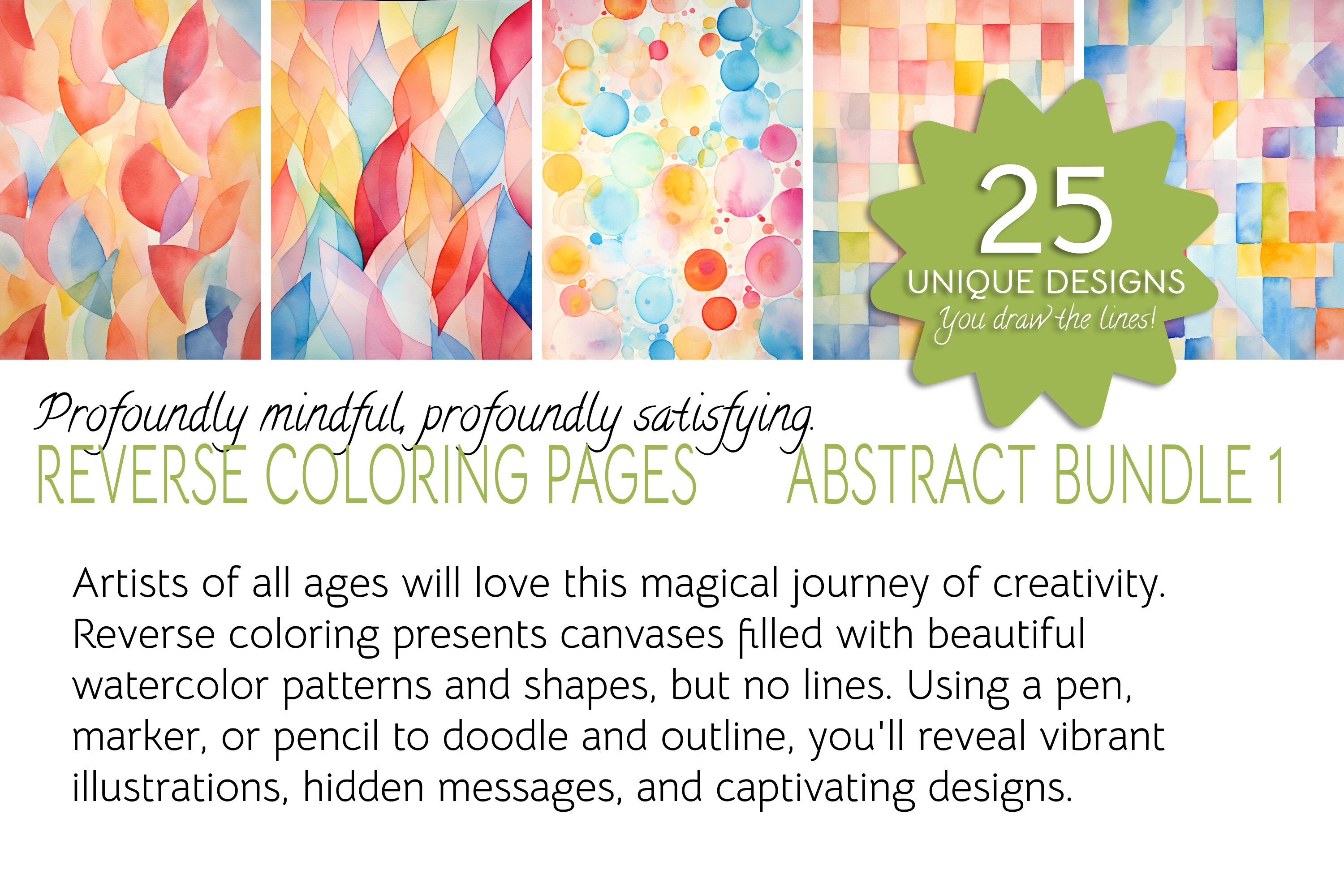Reverse Coloring Pages - Abstract Bundle 1 - 25 Unique Watercolor Designs - You Add the Lines ...