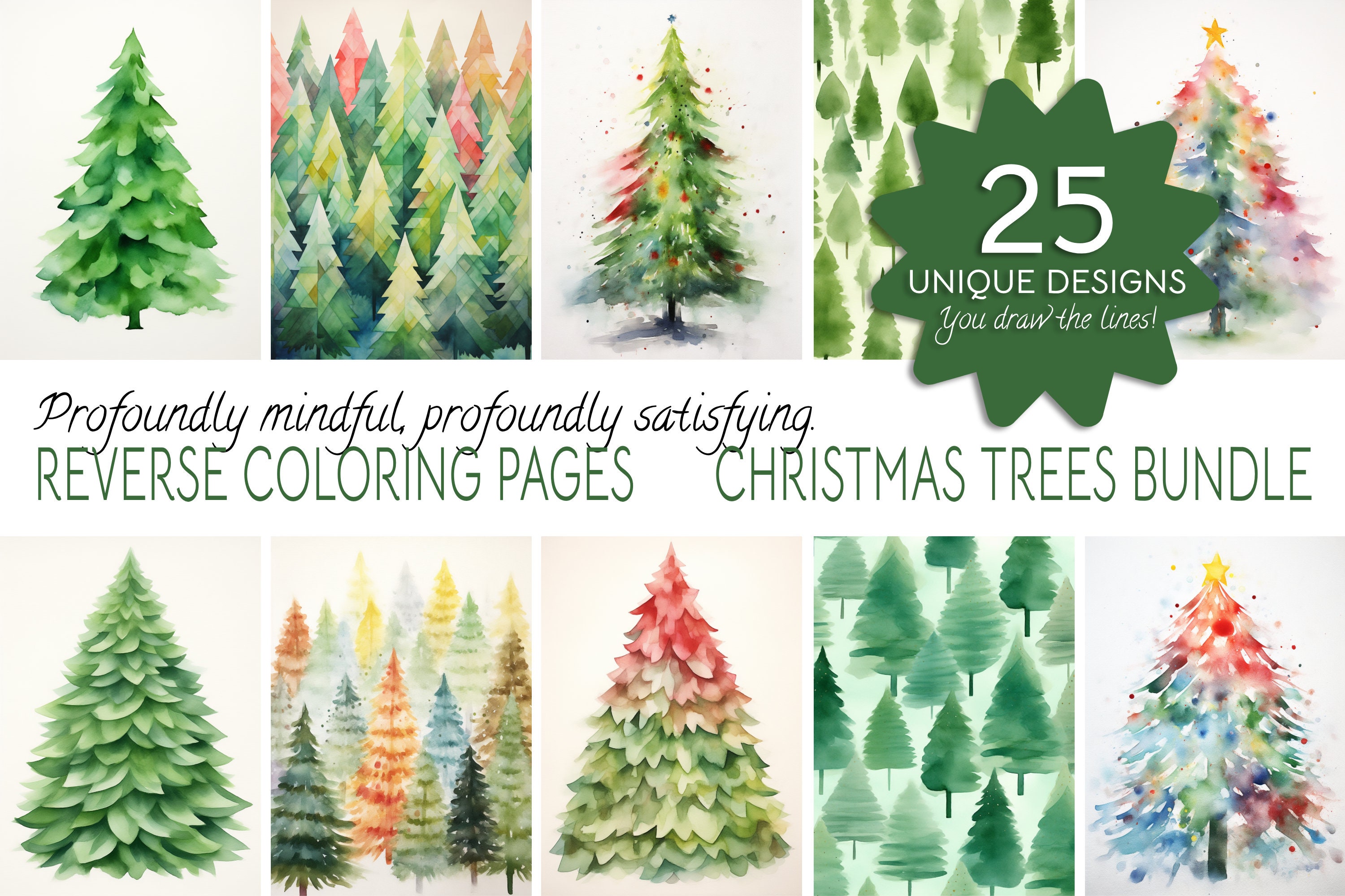 Reverse Coloring Pages - Christmas Tree Bundle - 25 Unique Watercolor ...