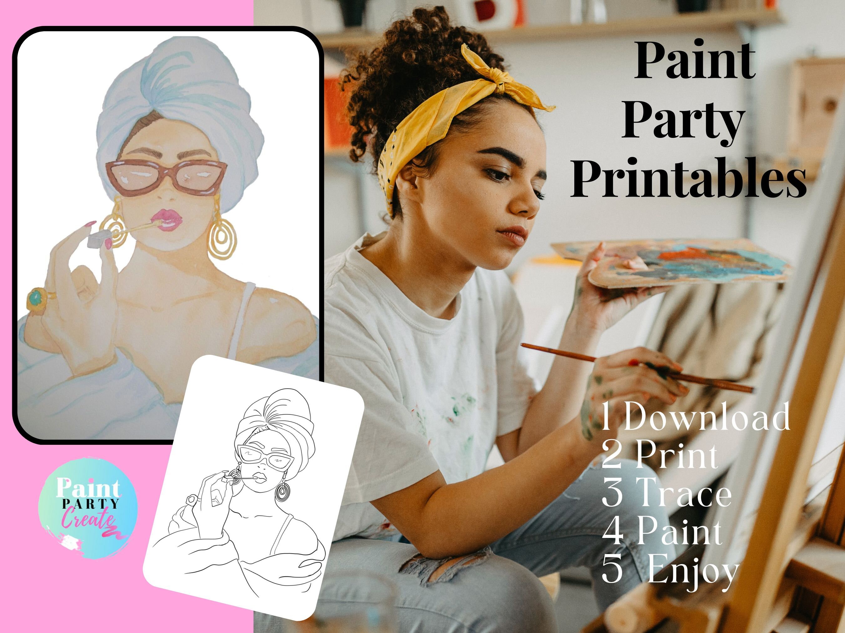 Paint Party Tracer Line Art for DIY Paint Party, Paint and Sip Girls ...