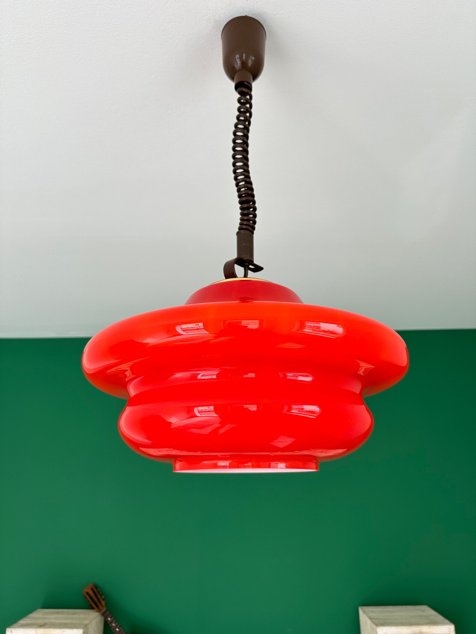 Vintage Red Pendant Light 70s/mid Century Opaline Glass Lamp/space Age ...
