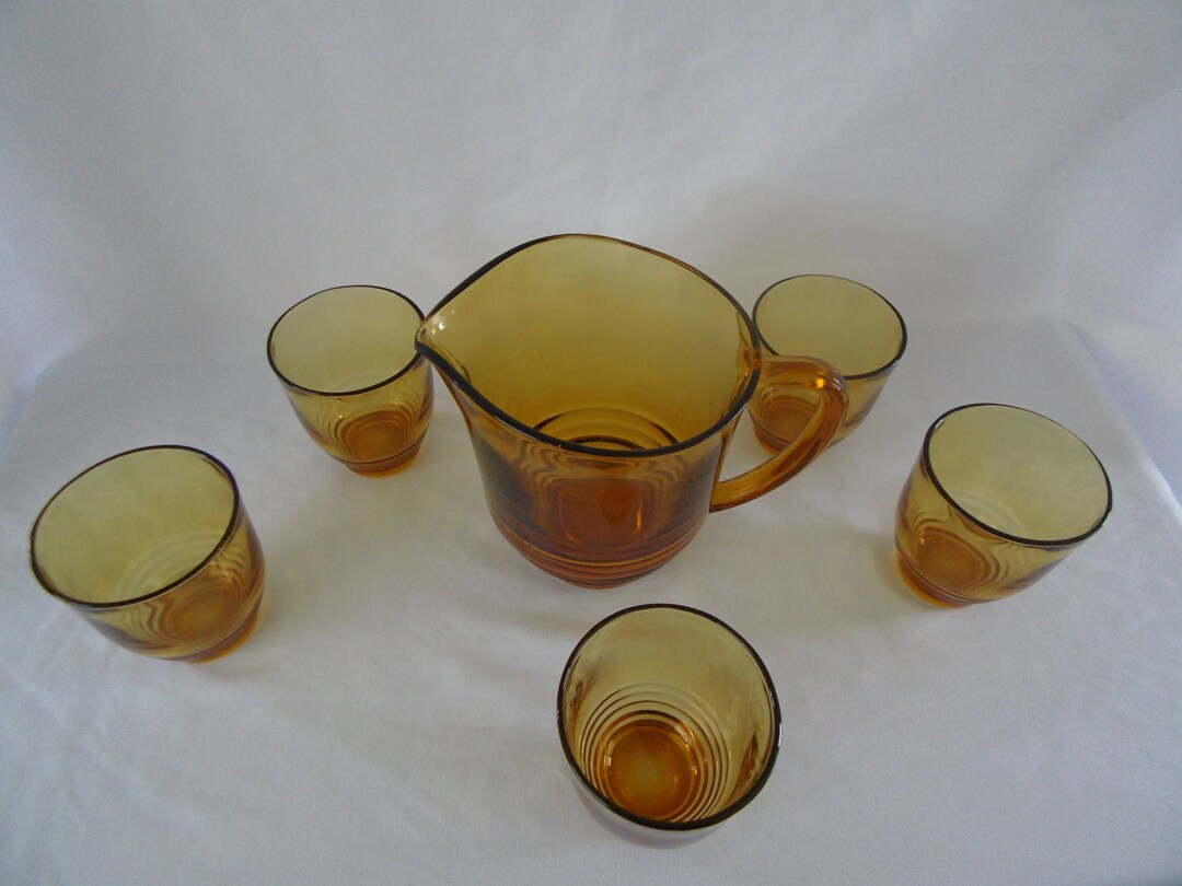 Ribbed Amber Glass Water Jug and 5 Glasses 1930s - Etsy
