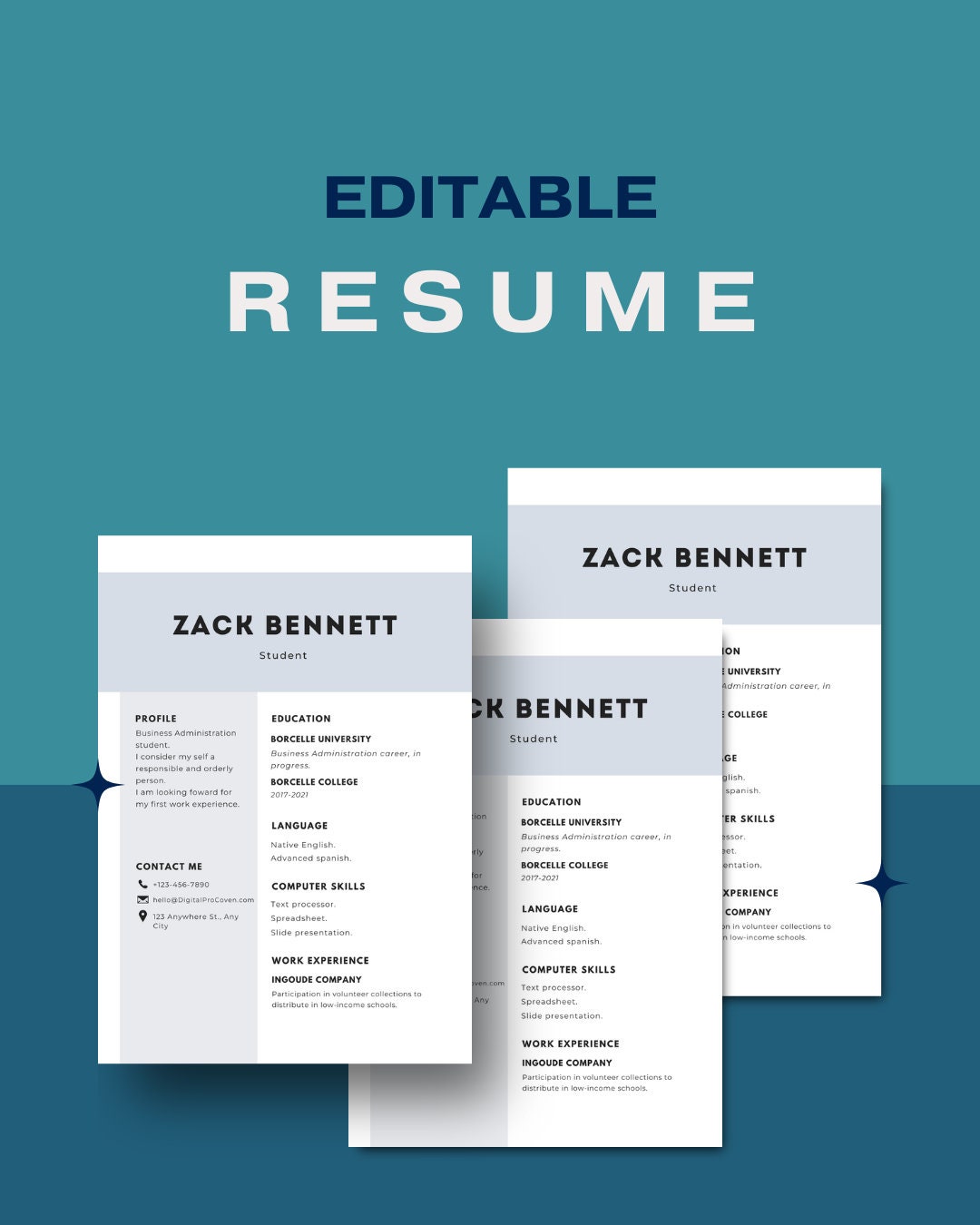Clean White Student CV Resume Template, Easy-to-use, Instant Download ...