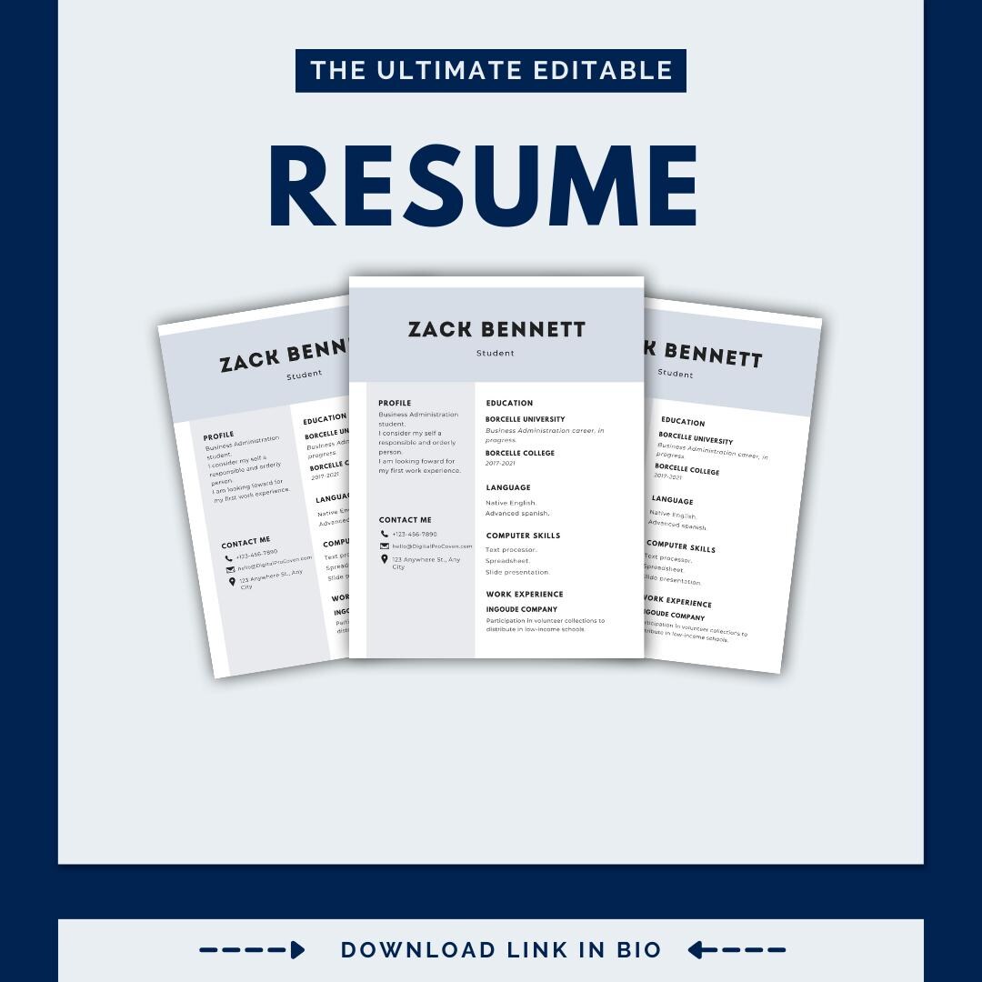 Printable Student CV Resume, Simple A4 Downloadable Template for Job ...