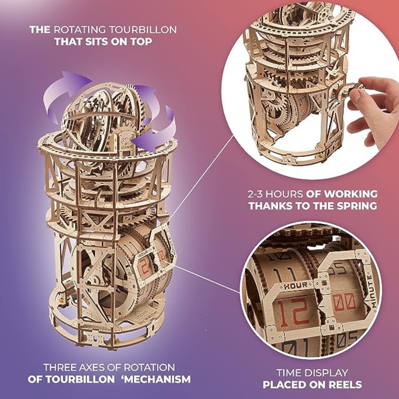 Tourbillon Table Clock Stargazer DIY 3D Mechanical Wooden Model Kit ...