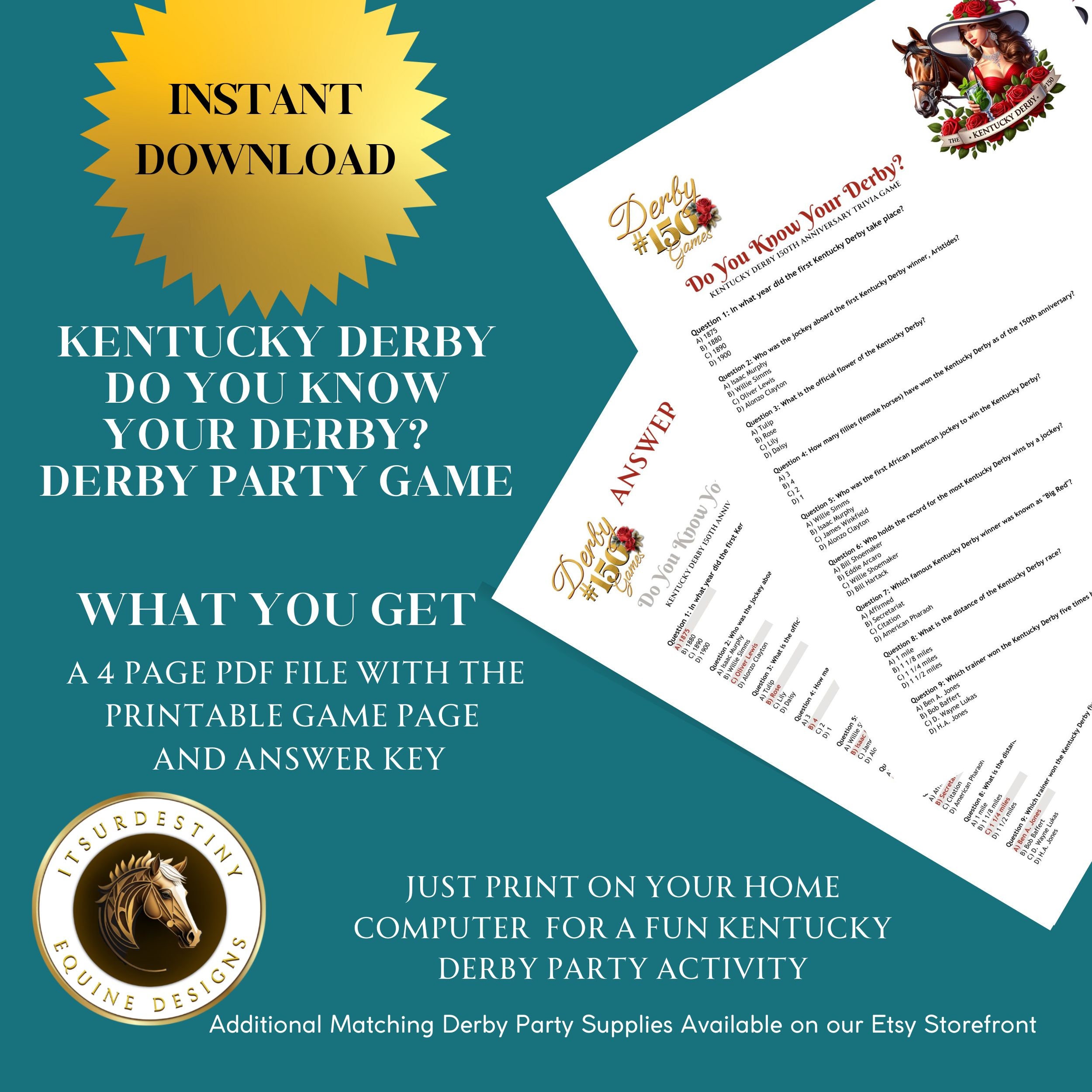 Printable Derby Watch Party Game, Kentucky Derby 150 Trivia Game ...