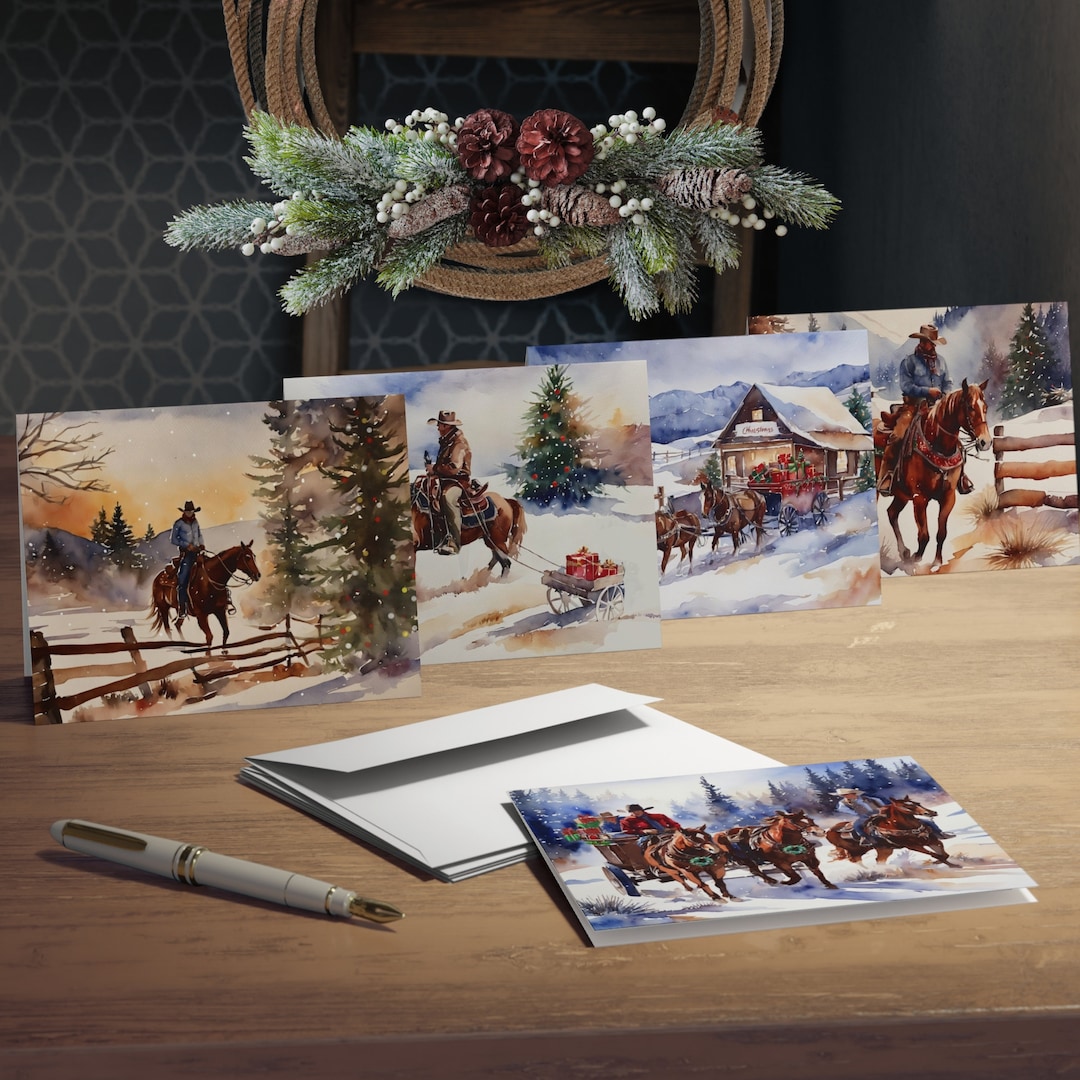 Western Cowboy Christmas Cards - Set of 5 Western Watercolor Style ...