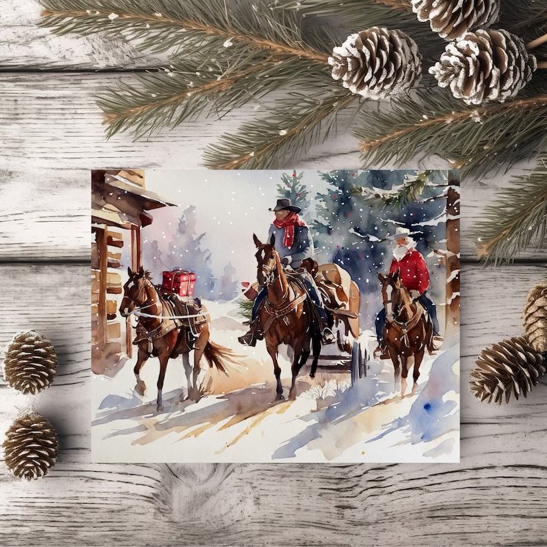 Western Cowboy Christmas Cards - Set of 5 Watercolor Style Holiday ...