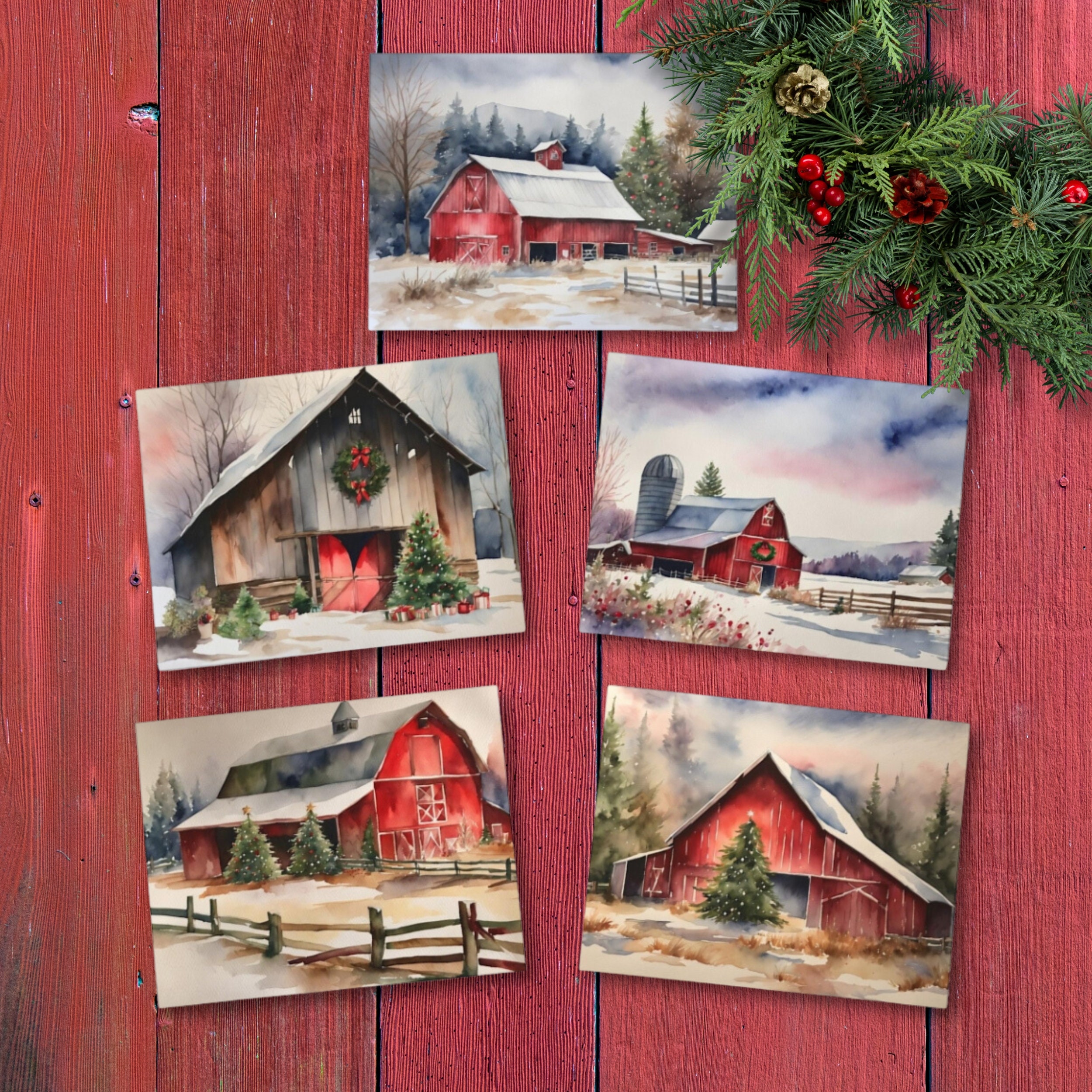 Rustic Farm Theme Christmas Cards 5 Beautiful Watercolor Style Designs ...
