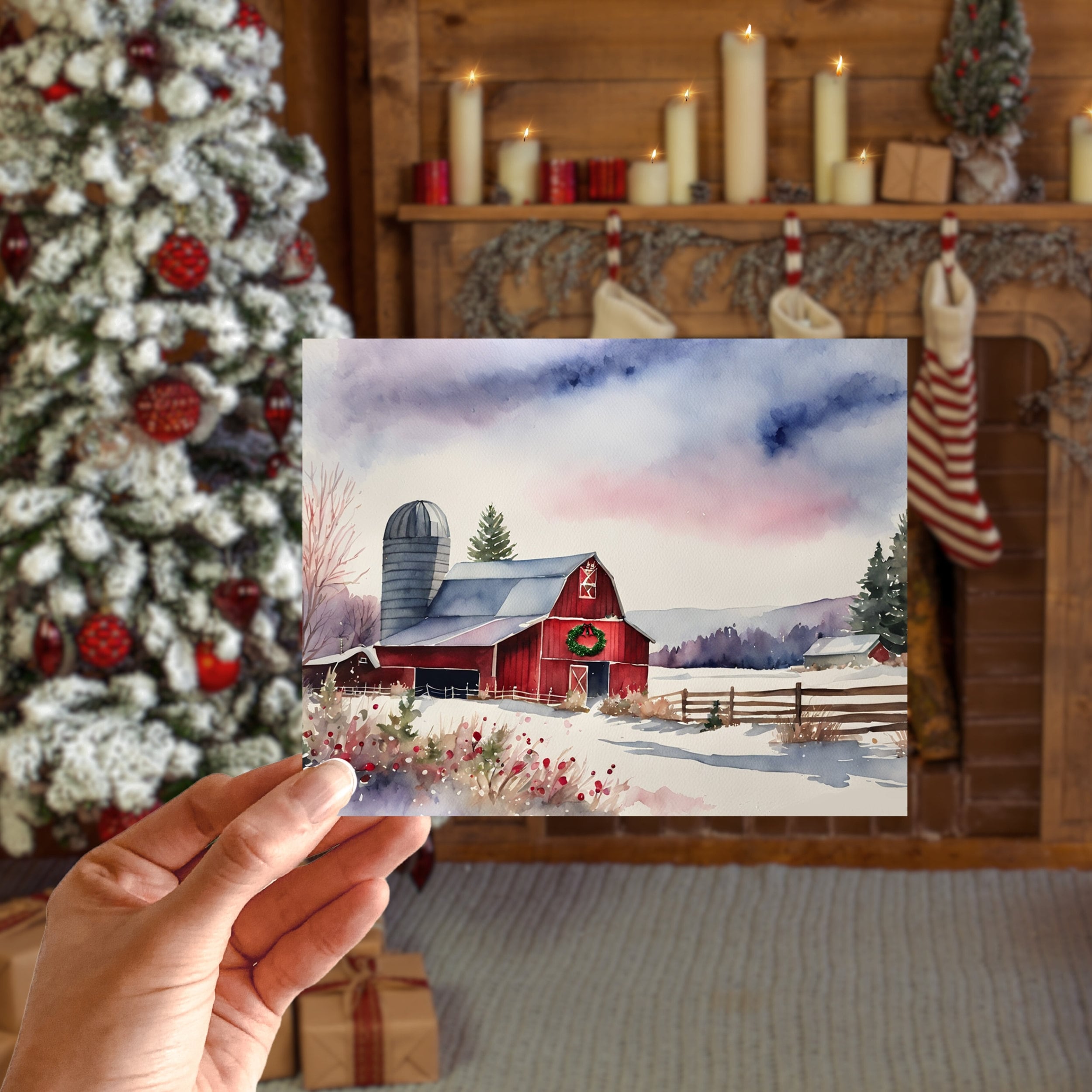 Rustic Farm Theme Christmas Cards 5 Beautiful Watercolor Style Designs ...