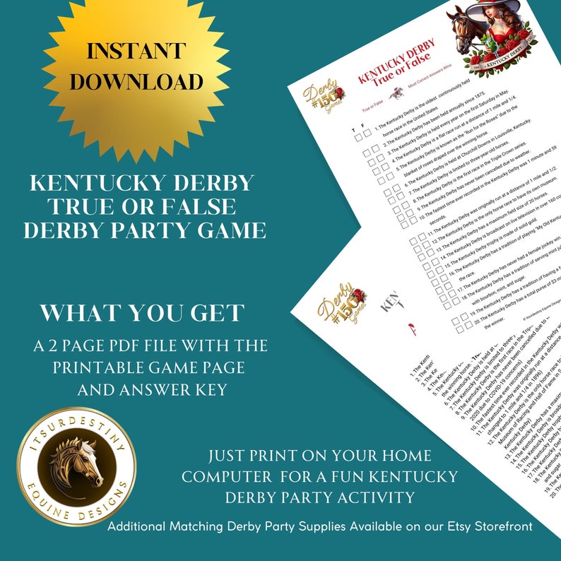 Printable Derby Watch Party Game Kentucky Derby 150 Game Instant