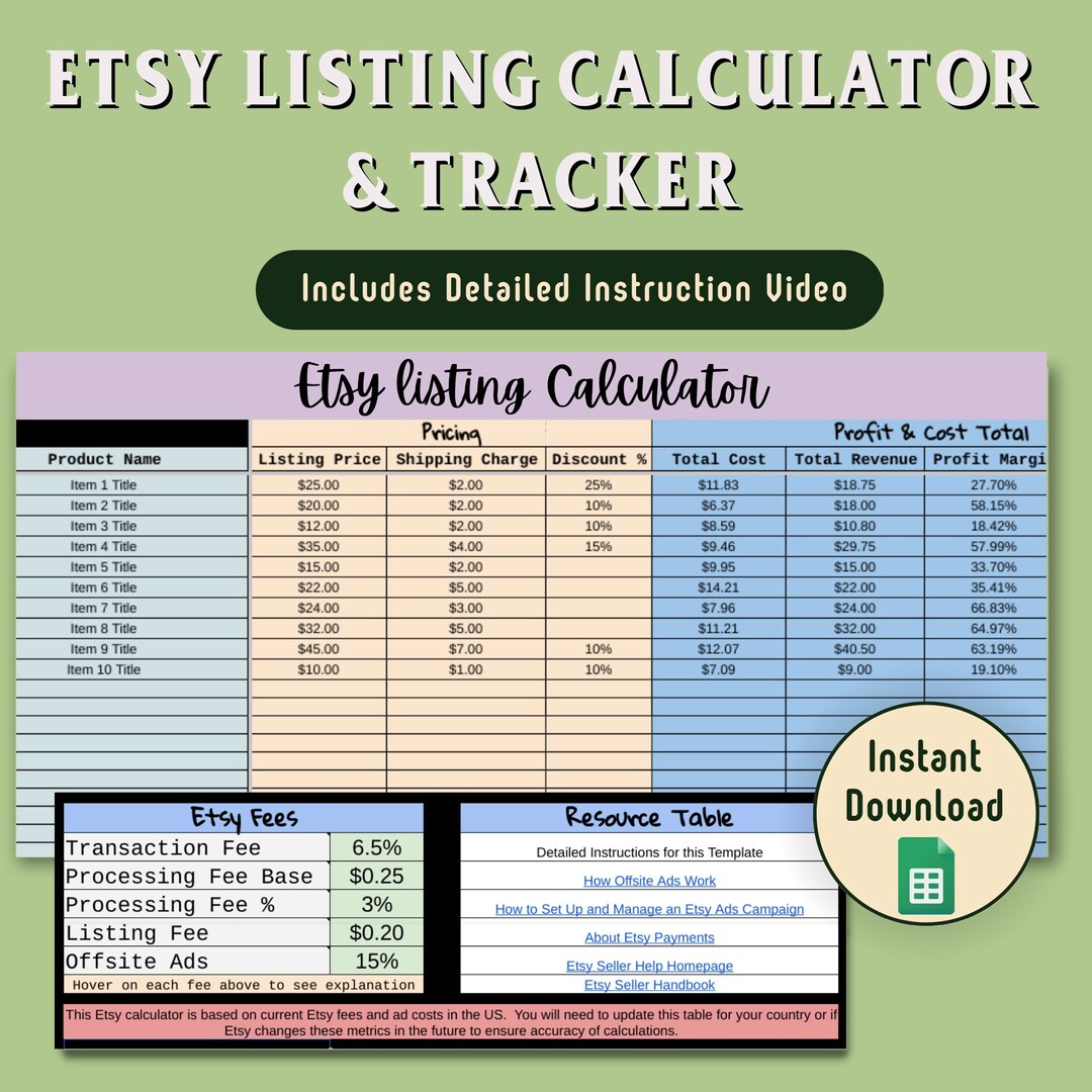 Etsy Pricing & Profit Calculator, Small Business Template, Sheets ...