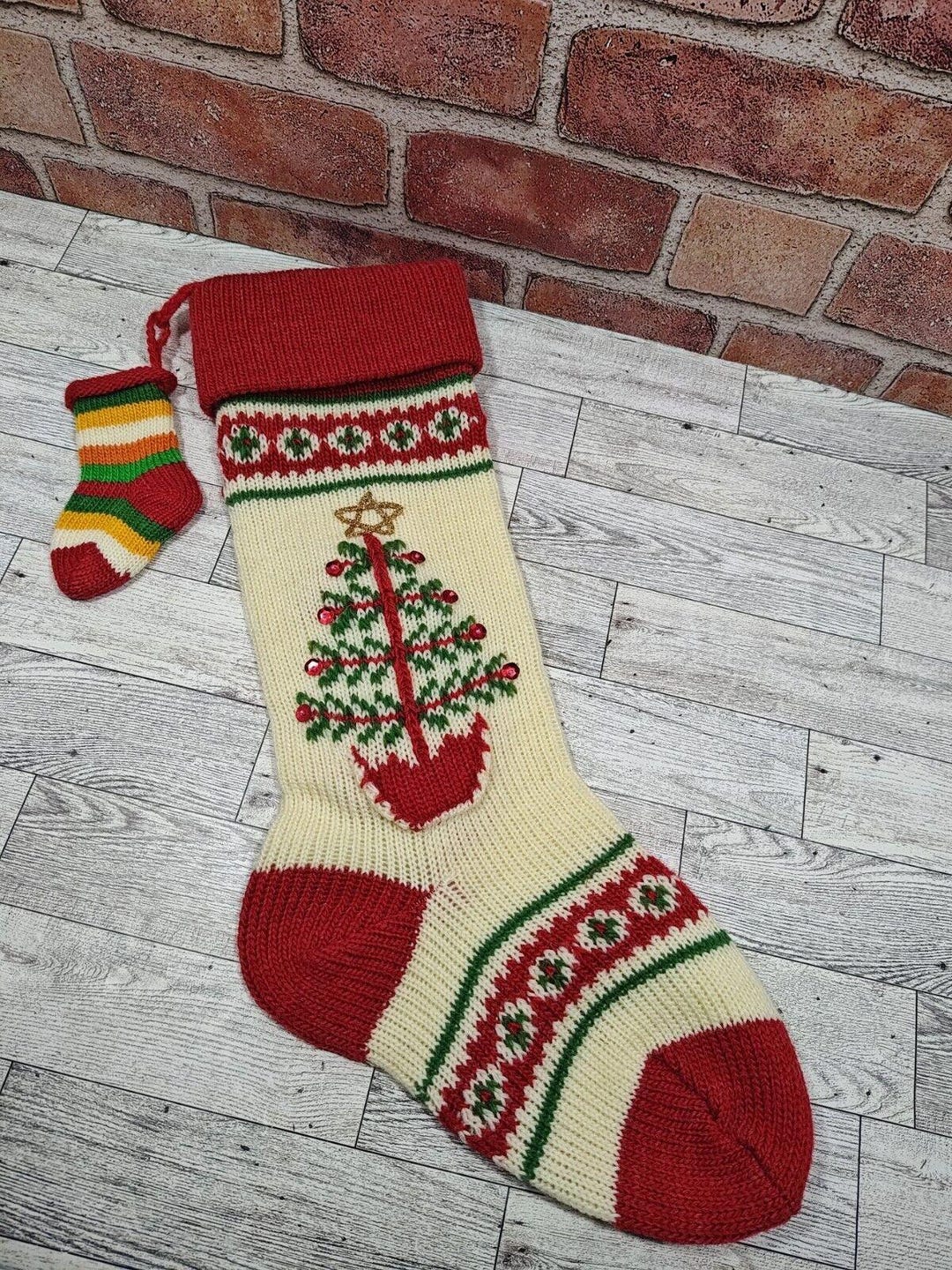 Hand Knit Yarn Stocking Cream Red Christmas Tree Stocking With Baby ...