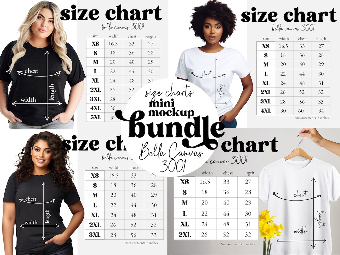 Bella Canvas 3001 Size Chart Mockup Bundle | 4 T-shirt Size Charts ...