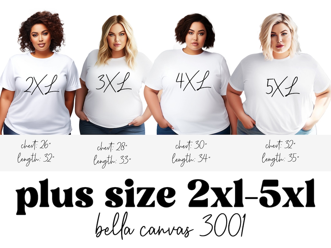Plus Size Bella Canvas 3001 Size Chart 2XL-5XL | Extended Size Mockup Guide | Plus Size Models ...