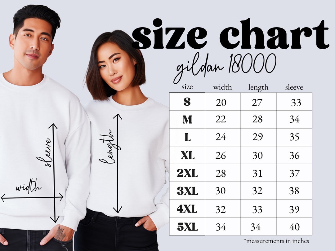 Gildan 18000 Size Chart Mockup | Gildan Crewneck Sweatshirt Size Chart ...