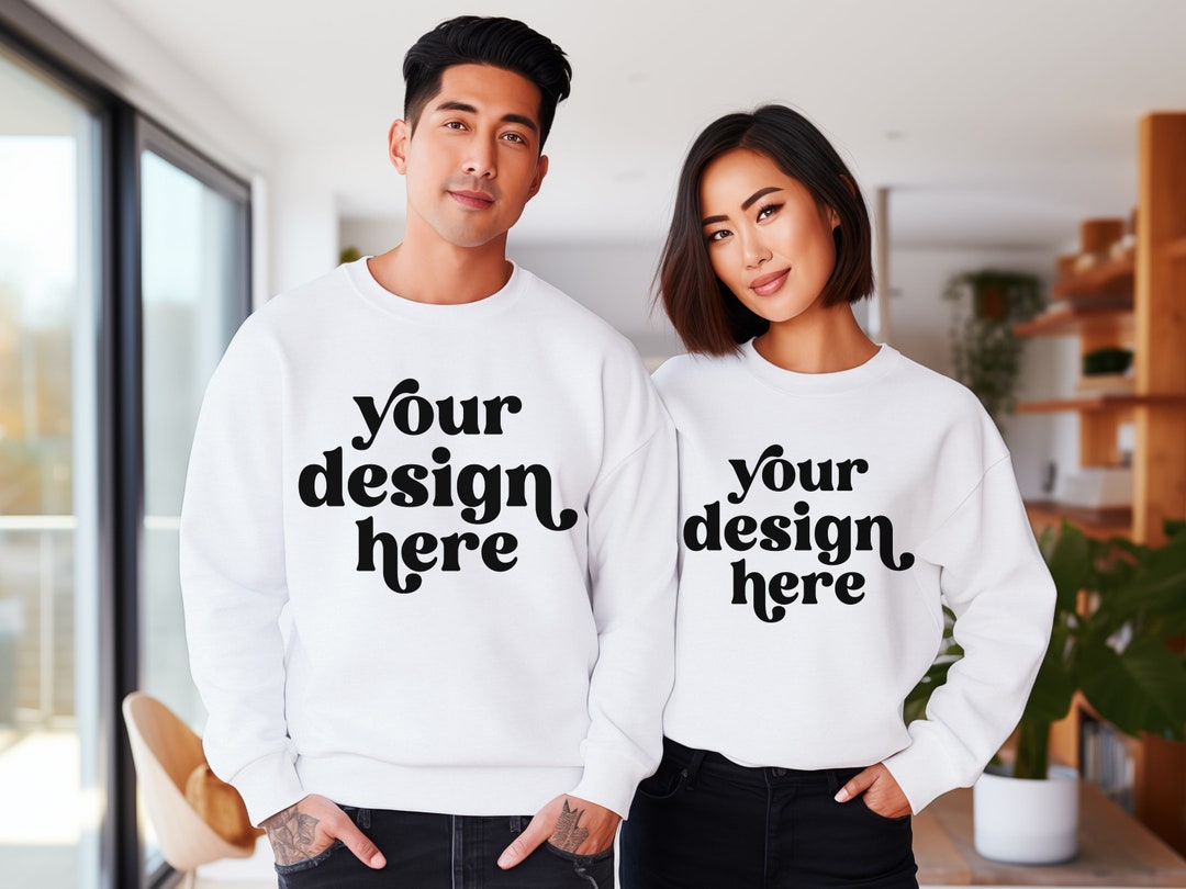 Gildan 18000 Couple Mockup Gildan White Crewneck Sweatshirt Group ...
