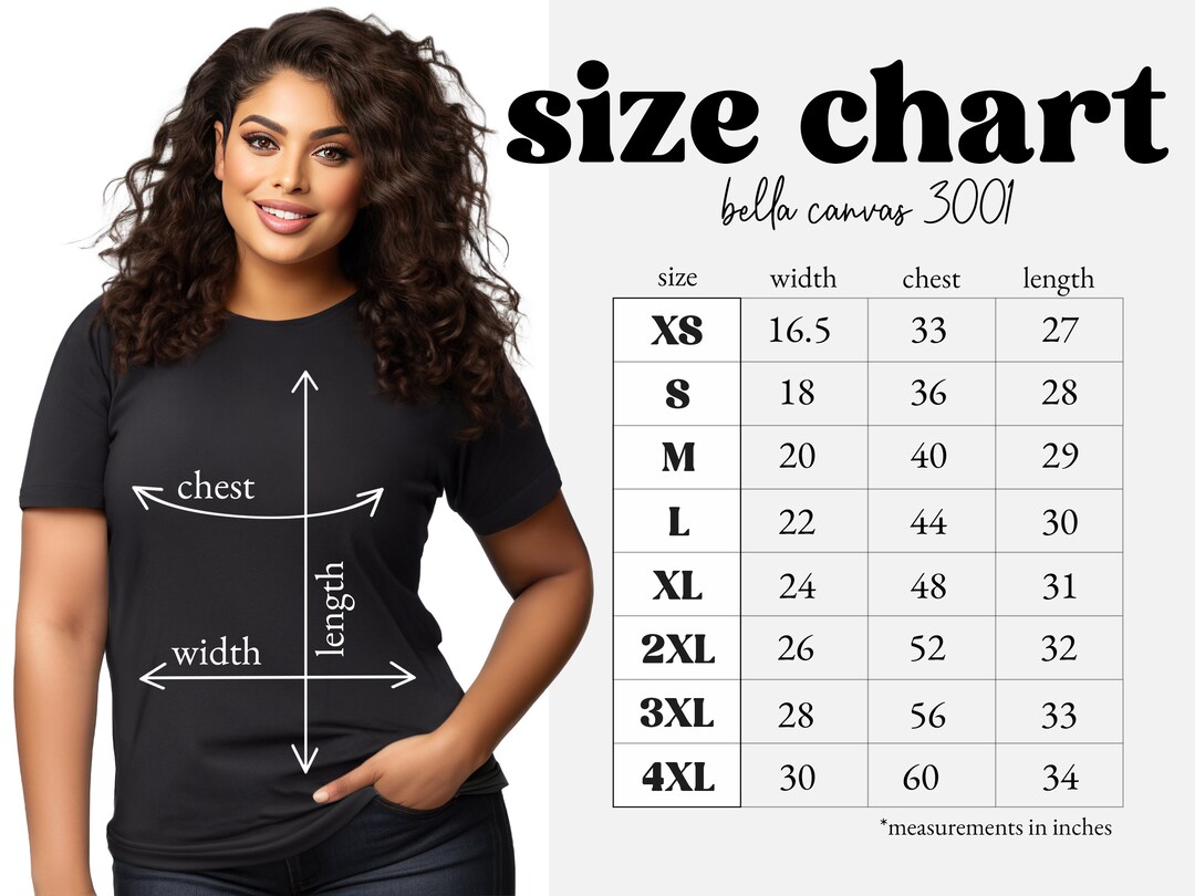 Bella Canvas 3001 Size Chart | Four T-shirt Size Chart Mockups XS-5XL ...