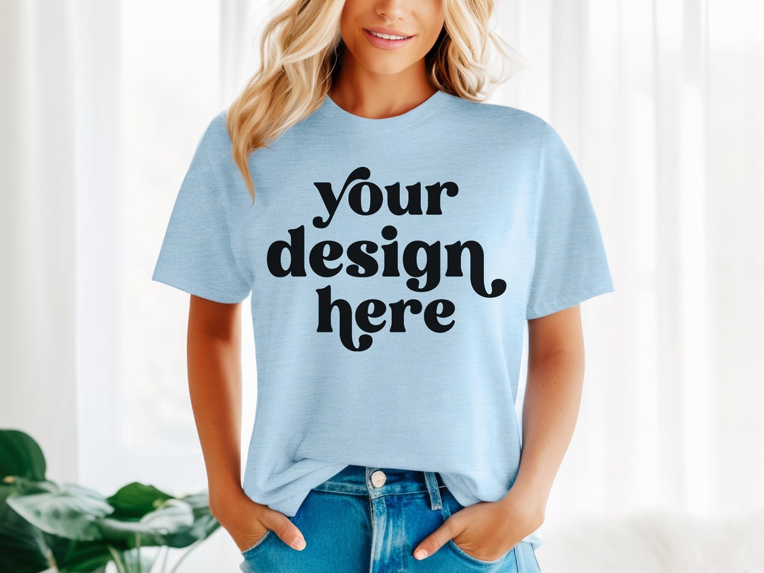 Heather Baby Blue Bella Canvas 3001 T-shirt Mockup | Blonde Model ...